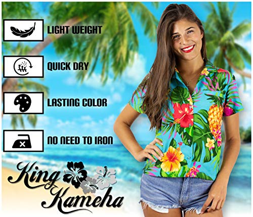 KING KAMEHA Women's Summer-Party-Blouses-Shirts Short-Sleeve, Pineapple, Turquoise, XS
