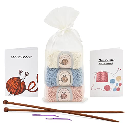 Knitting Kits for Beginners Adults β 6 Pcs Knitting Needle Set with 100% Cotton Yarn β Make Your Own Dishcloth Craft Kits for Adults β Includes Bamboo Knitting Needles and Yarn Needle β Fantastic Gift