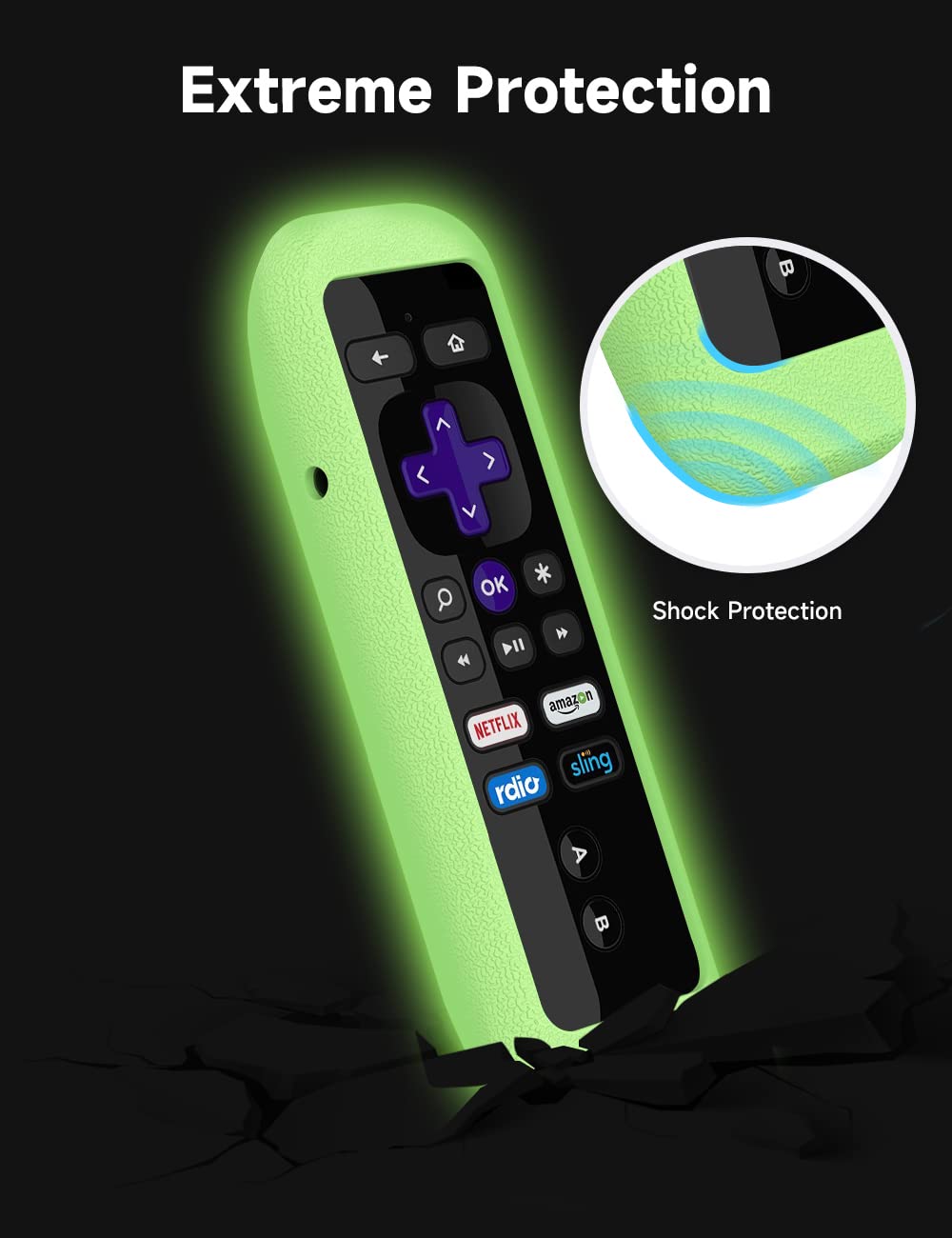 Roku Gaming Remote Case SIKAI Shockproof Protective Case for Roku 3 (4230 and 4200) Roku 2 (4210) RC54R Enhanced Remote Anti-Slip Washable Dust-Proof Anti-Lost with Hand Strap (Glow in Dark Green)
