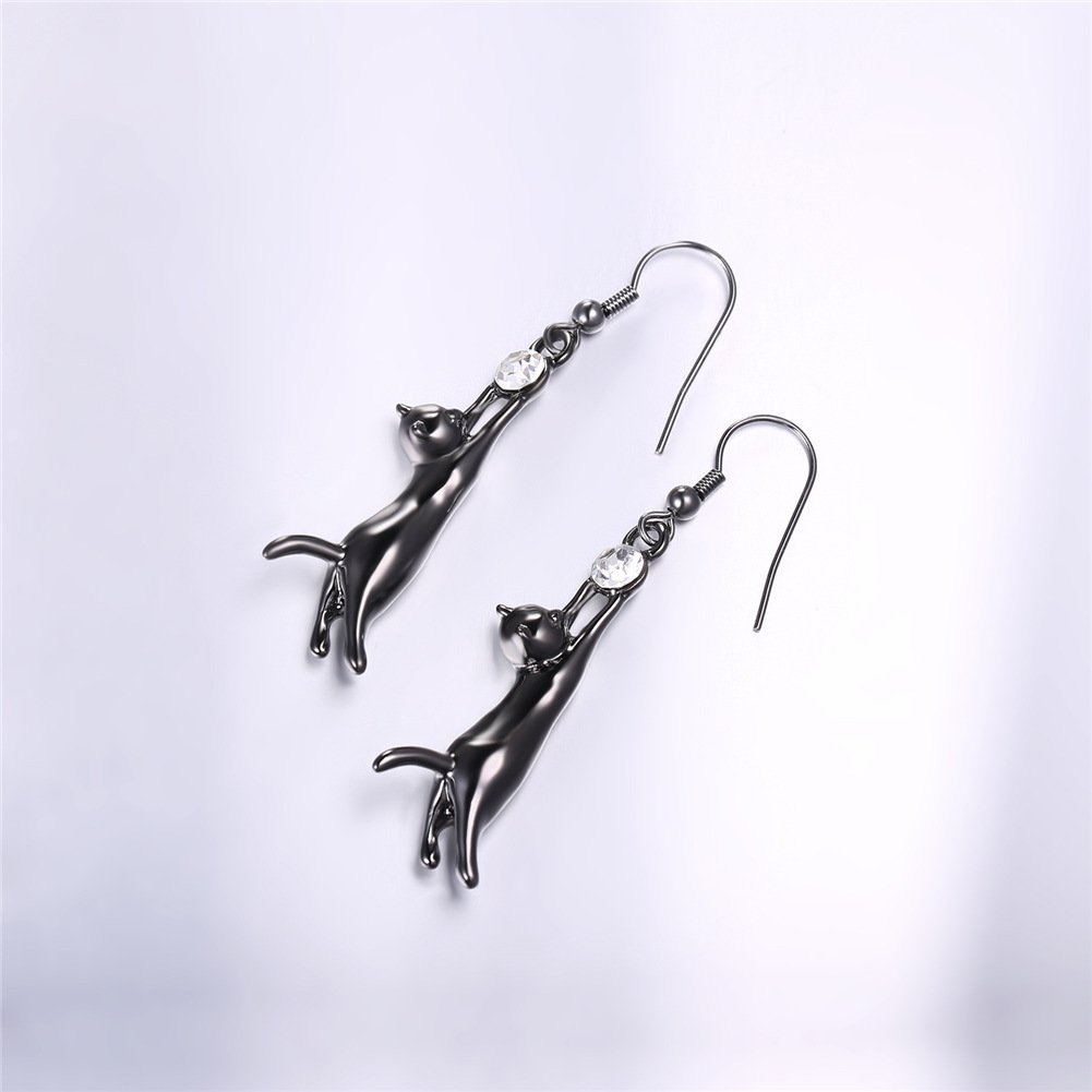 U7 Cute Cat Ear Pendant Black Kitten Dangle Drop Earrings with Rhinestones