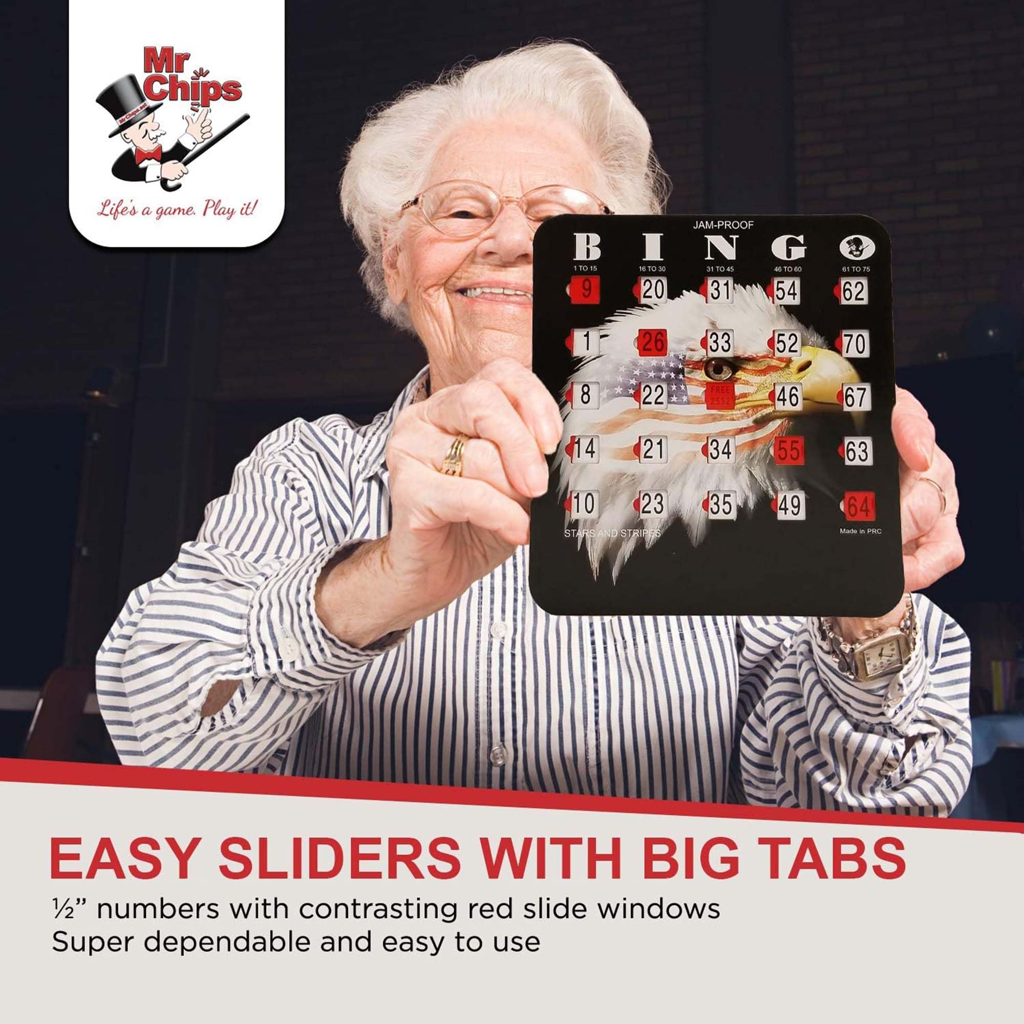 MR CHIPS Jam-Proof Fingertip Bingo Cards with Sliding Windows 10 Pack in Stars & Stripes Design