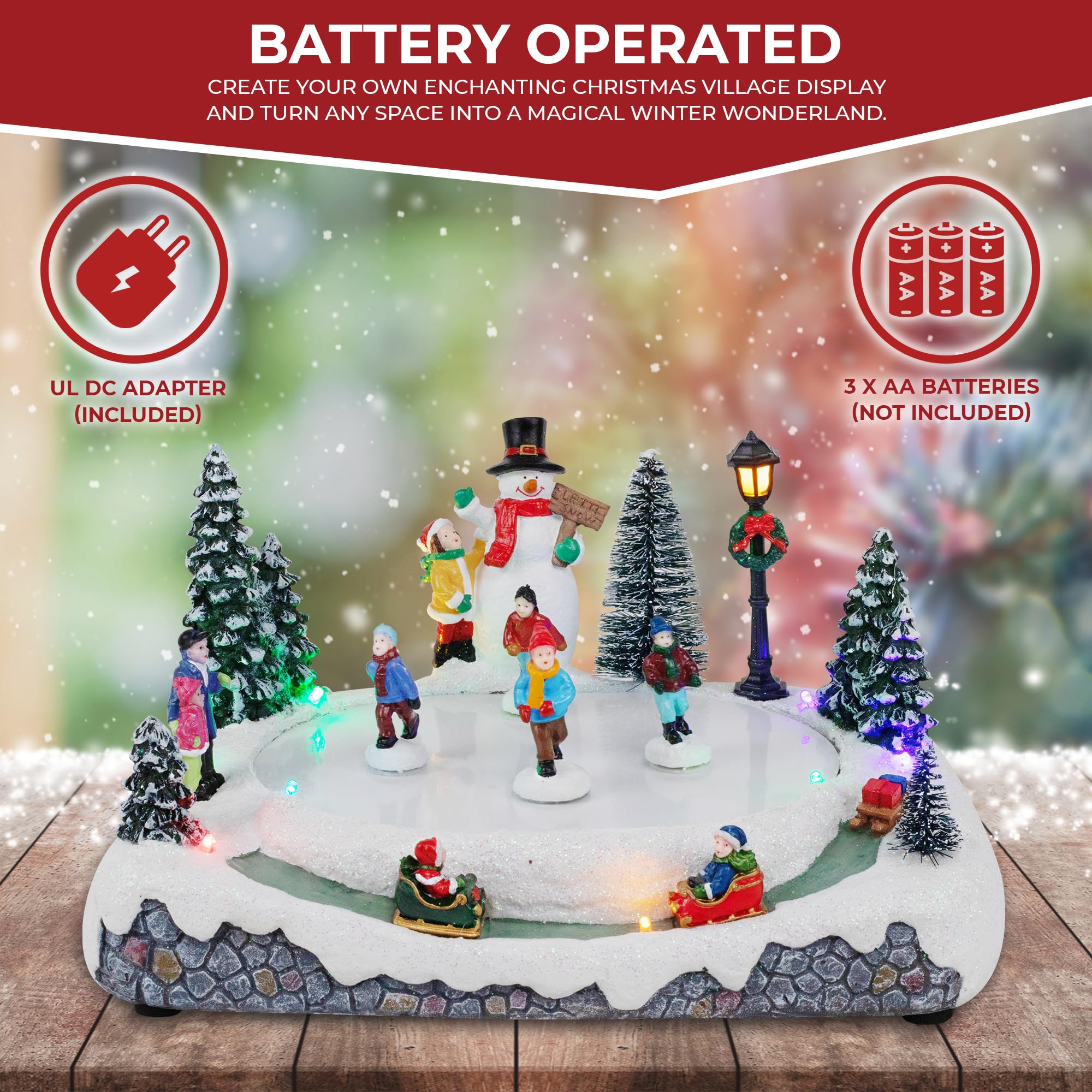 Animated Christmas Village Skating Pond - Lighted Musical Snow Scene with 4 Moving Skaters, Adapter, Battery Slot