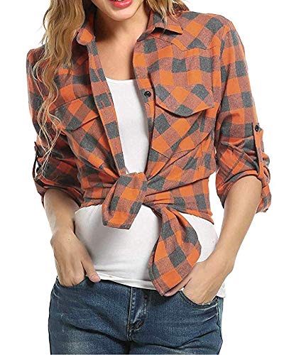 Plaid Shirts for Women Tartan Collared Button Down Boyfriend Casual Flannel Shirt Long Sleeve Shirts(Orange,XXL)