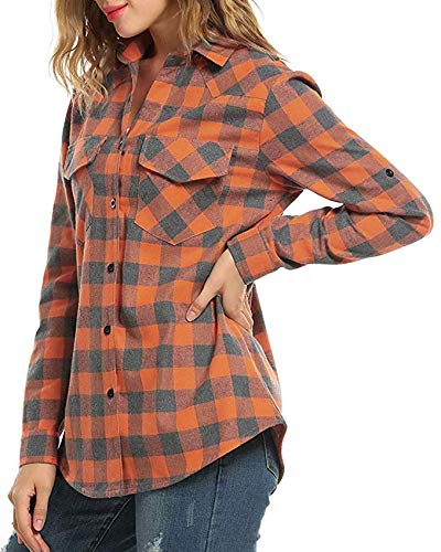 Plaid Shirts for Women Tartan Collared Button Down Boyfriend Casual Flannel Shirt Long Sleeve Shirts(Orange,XXL)