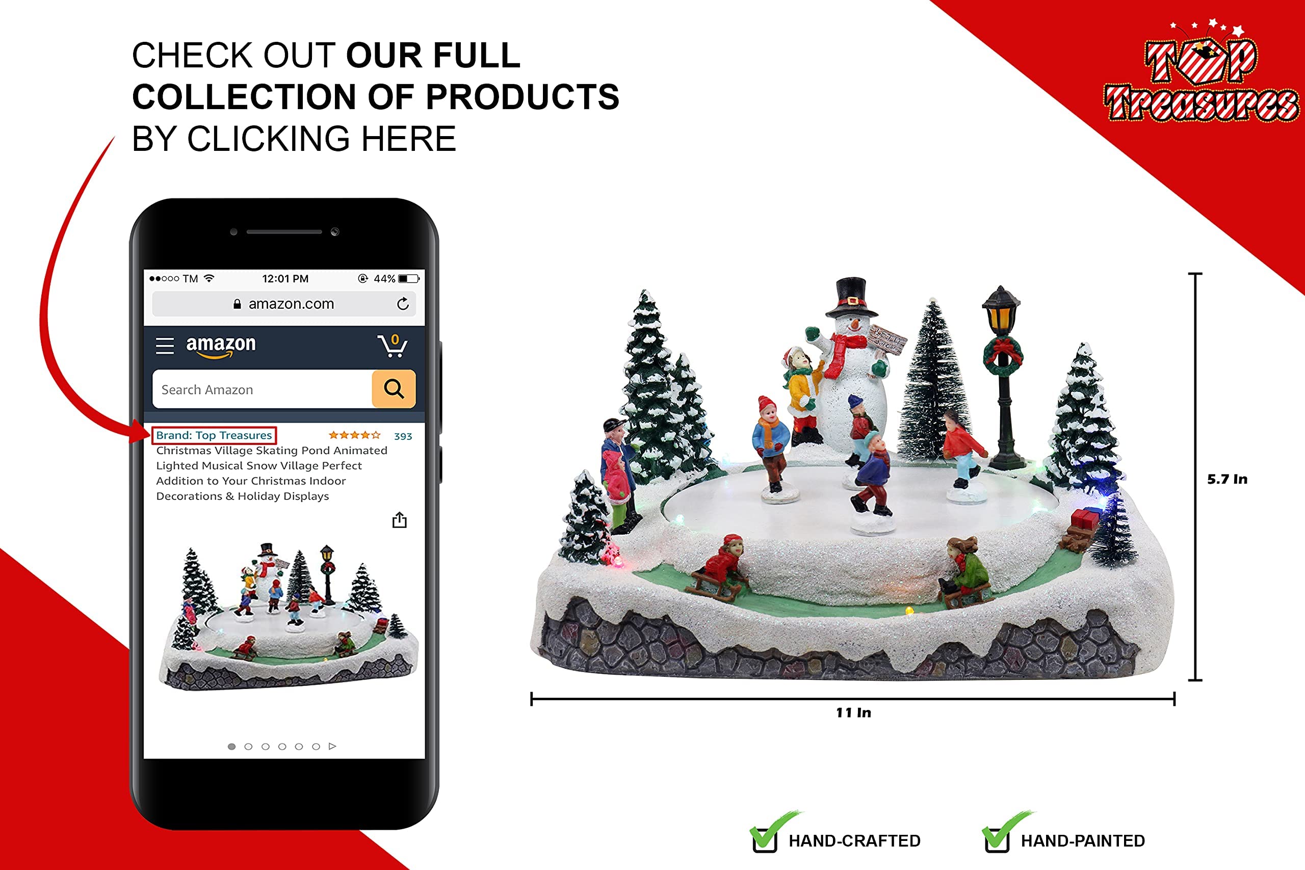Animated Christmas Village Skating Pond - Lighted Musical Snow Scene with 4 Moving Skaters, Adapter, Battery Slot
