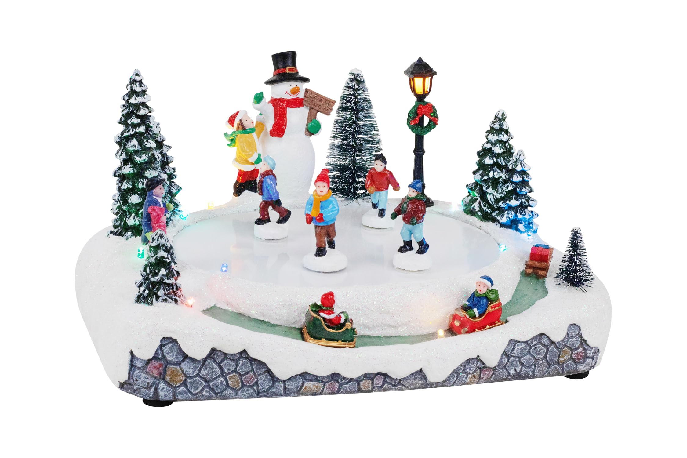 Animated Christmas Village Skating Pond - Lighted Musical Snow Scene with 4 Moving Skaters, Adapter, Battery Slot