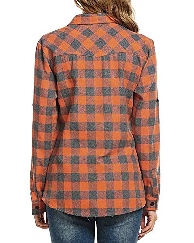 Plaid Shirts for Women Tartan Collared Button Down Boyfriend Casual Flannel Shirt Long Sleeve Shirts(Orange,XXL)
