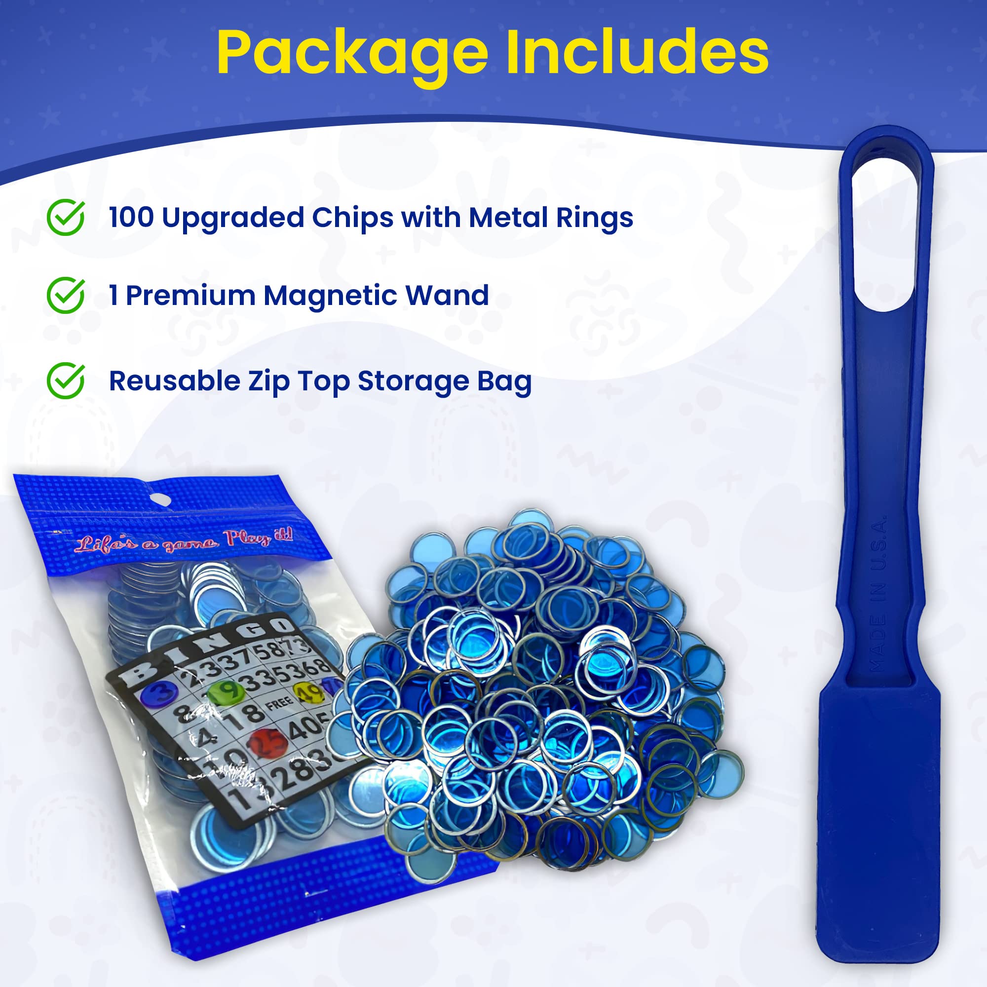 MR CHIPS Made in USA Bingo Magnetic Wand & ¾ Inch Blue 100 Upgraded Pieces Chips Plastic with Metal Rings - Support American Jobs
