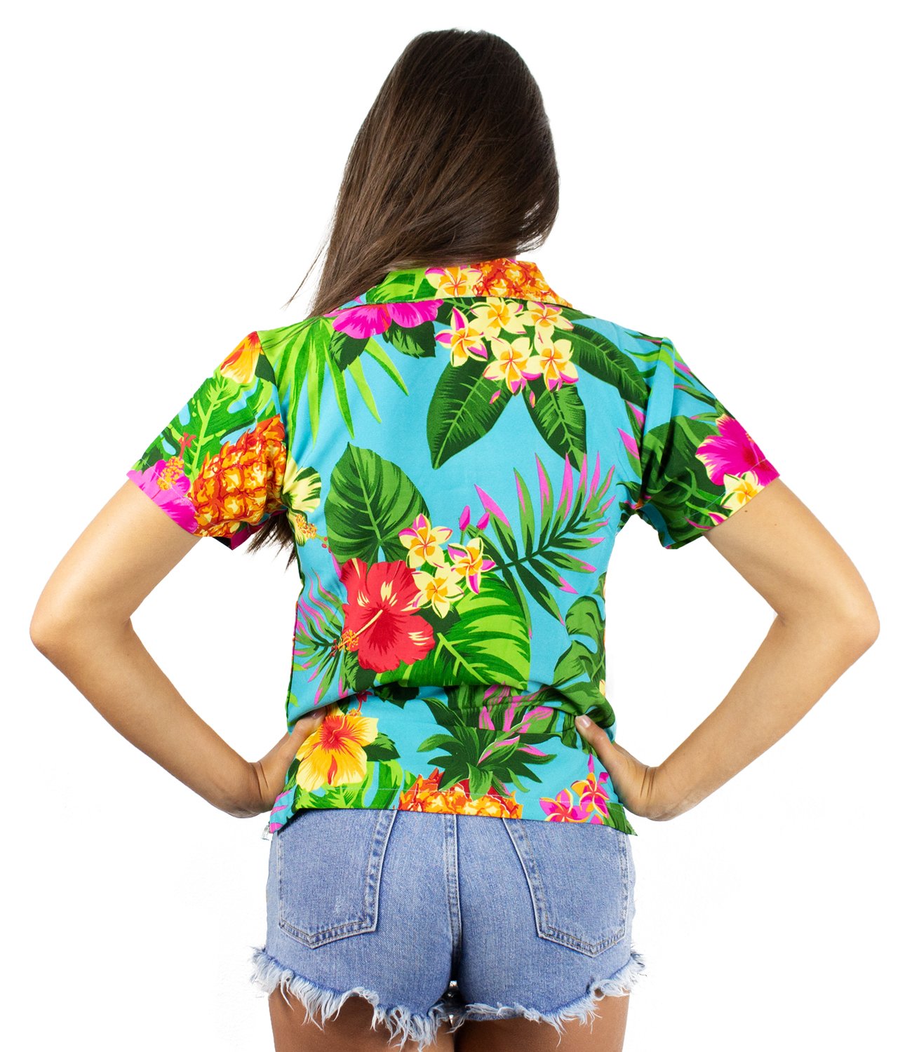 KING KAMEHA Women's Summer-Party-Blouses-Shirts Short-Sleeve, Pineapple, Turquoise, L