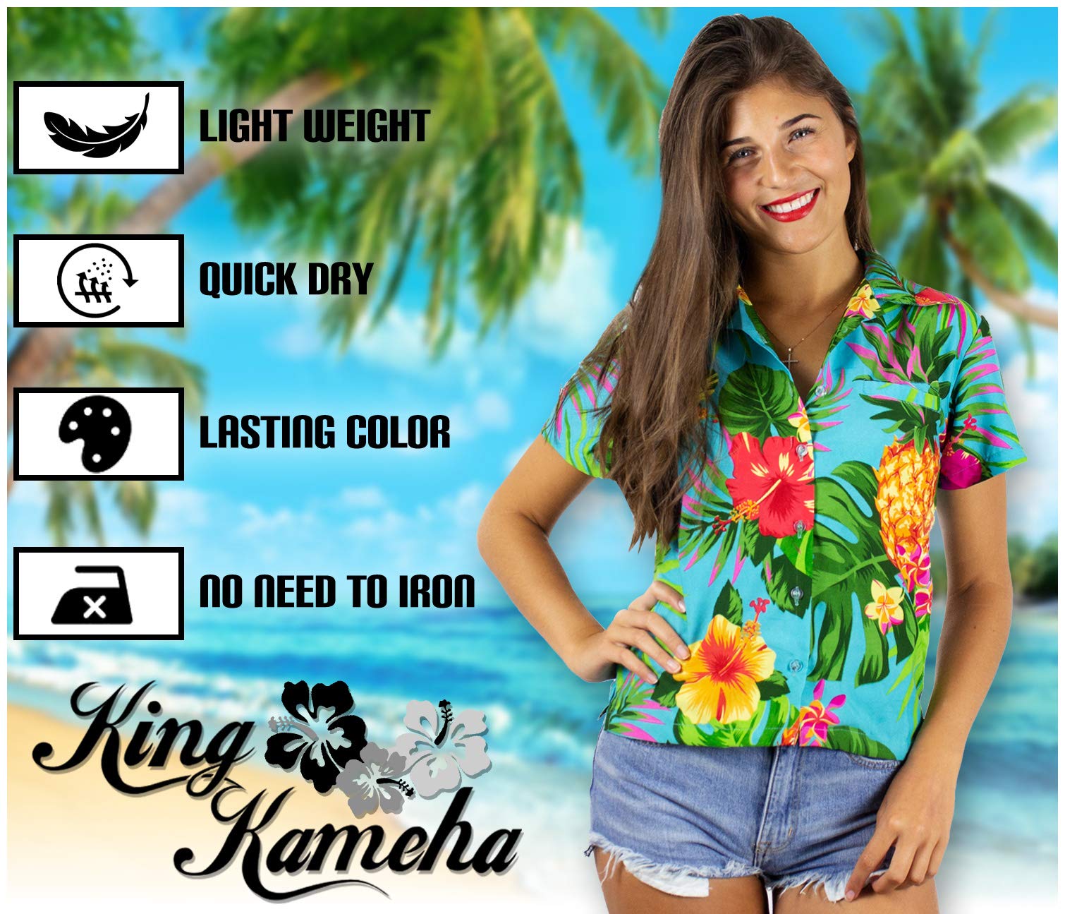 KING KAMEHA Women's Summer-Party-Blouses-Shirts Short-Sleeve, Pineapple, Turquoise, L