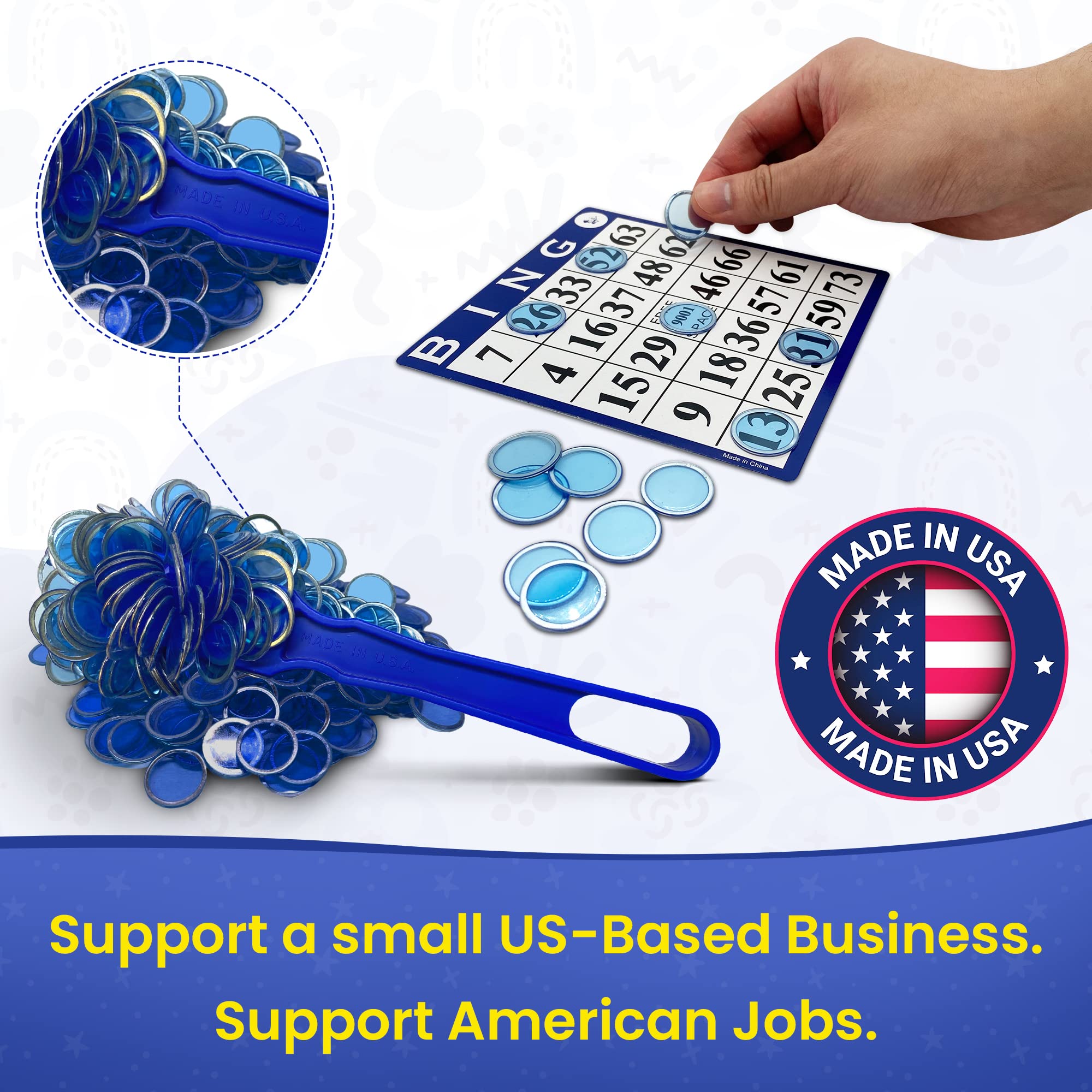 MR CHIPS Made in USA Bingo Magnetic Wand & ¾ Inch Blue 100 Upgraded Pieces Chips Plastic with Metal Rings - Support American Jobs