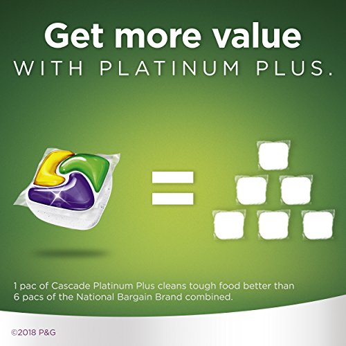 Cascade Platinum Dishwasher Pods, ActionPacs Dishwasher Detergent with Dishwasher Cleaner Action, Lemon Platinum Plus, 70 Count
