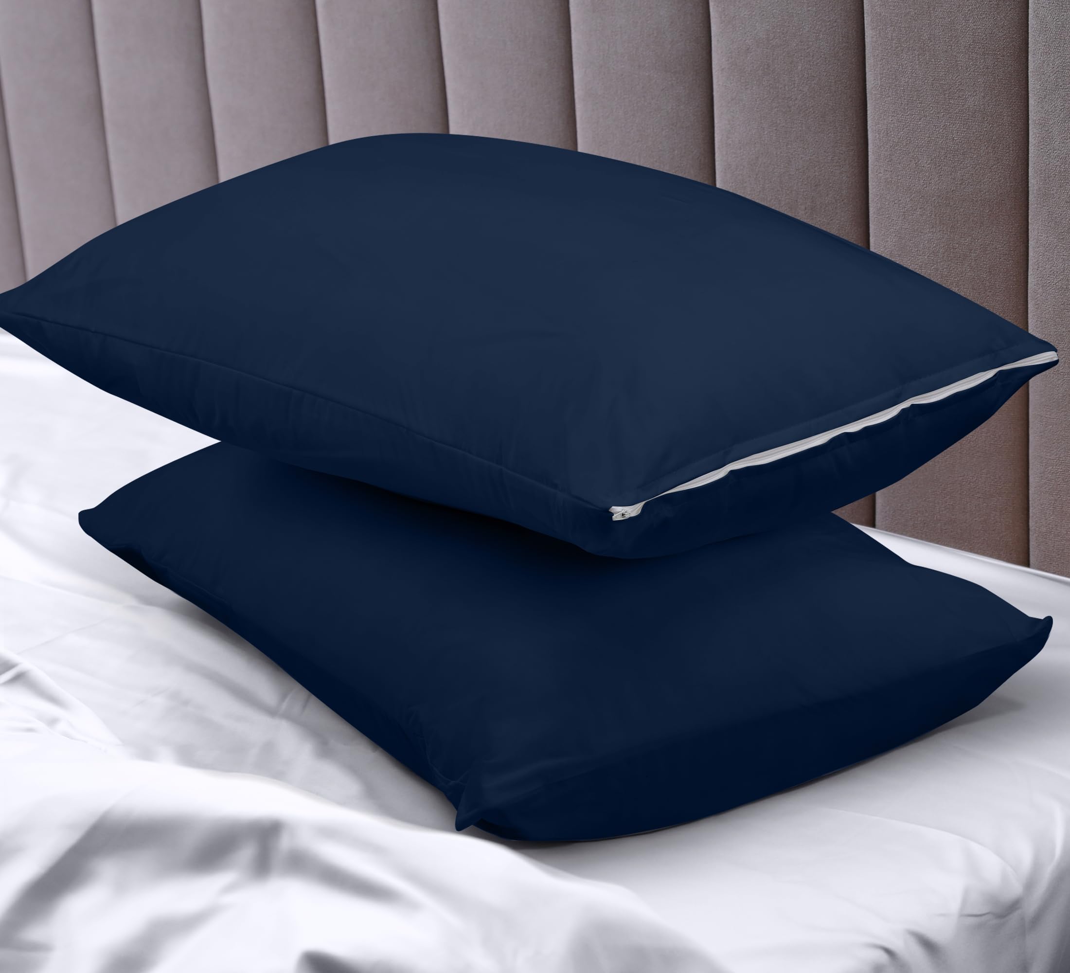 Utopia Bedding Waterproof Pillow Protectors Zippered (2 Pack, Navy) Queen Size, Zippered Pillowcases, Bed Bug Proof Pillow Encasement Covers 20 x 28 Inches
