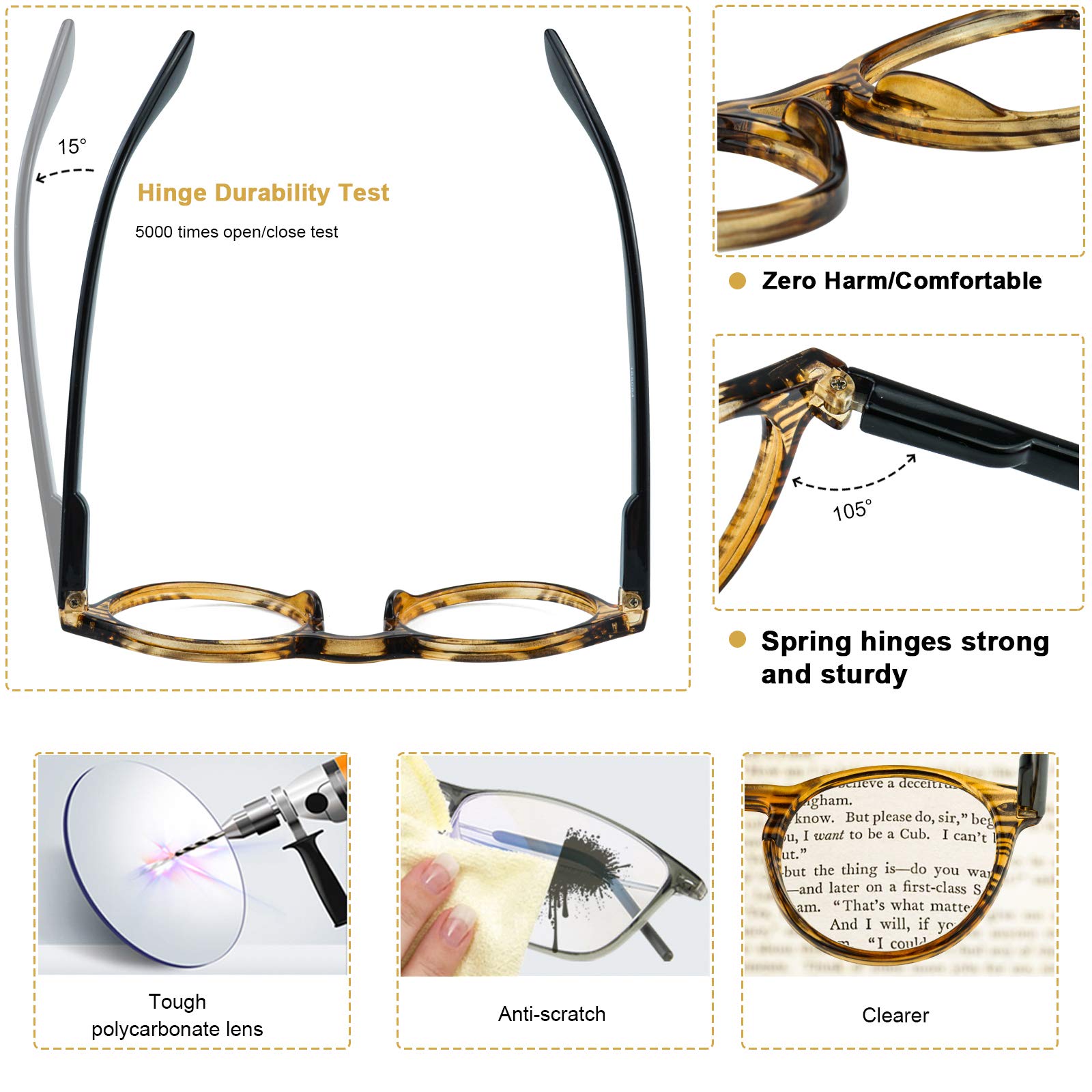 AMILLET 3-Pack Retro Round Reading Glasses Men Women Spring Hinges Lightweight Quality Readers, Pattern Design Glasses for Reading +1.50