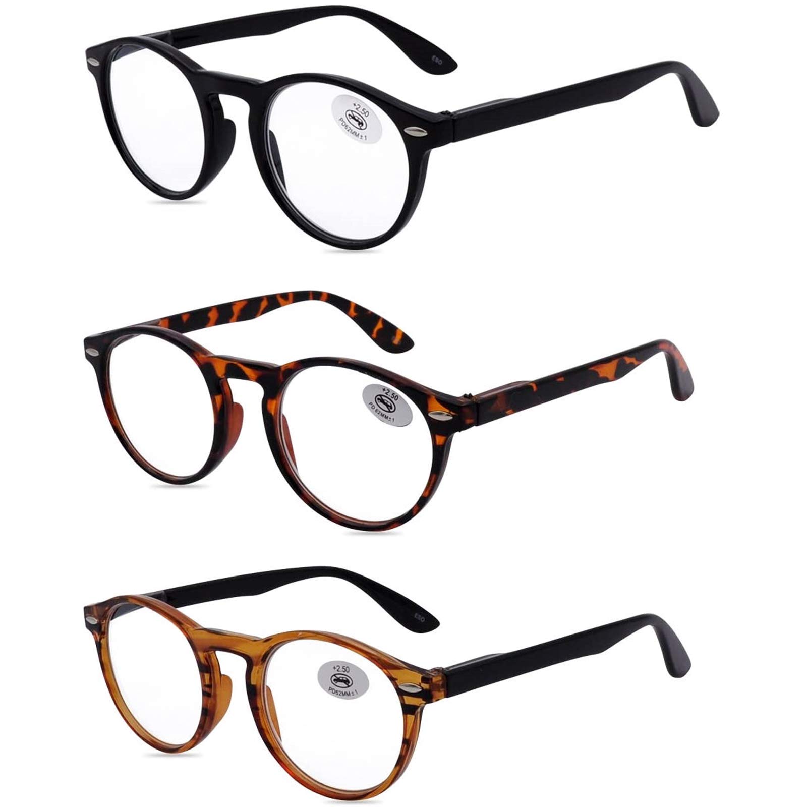 AMILLET 3-Pack Retro Round Reading Glasses Men Women Spring Hinges Lightweight Quality Readers, Pattern Design Glasses for Reading +1.50