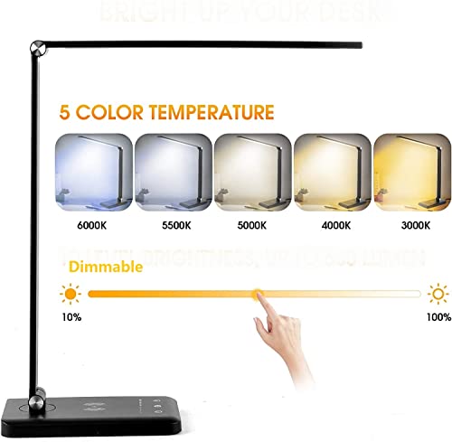 Liquor fragrance LED Desk Lamp with Wireless Charger, Dimmable Office Desk Light with USB Charging Port, 5 Lighting Modes , Touch Control, Auto Timer 30 / 60min, Eye-Caring Table Lamps (Black)