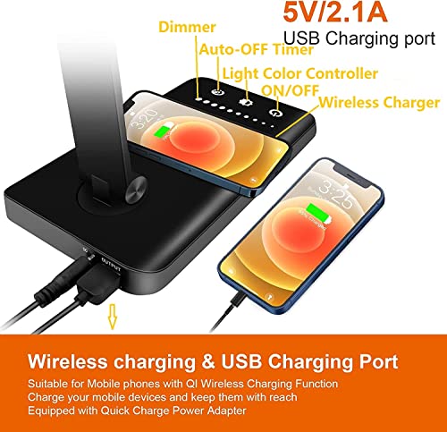 Liquor fragrance LED Desk Lamp with Wireless Charger, Dimmable Office Desk Light with USB Charging Port, 5 Lighting Modes , Touch Control, Auto Timer 30 / 60min, Eye-Caring Table Lamps (Black)