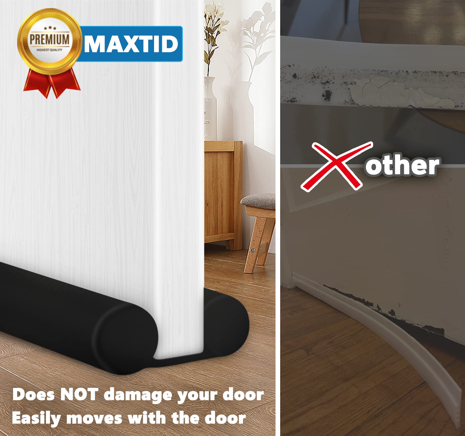 MAXTID Under Door Draft Blocker Black Door Draft Stopper 38" Noise Reducer Breeze Light Cold Air Guard Sound Proof Door Sweep 32" 36" 38" Weather Stripping Door Bottom Seal Insulation Strip Gap Filler