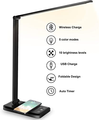 Liquor fragrance LED Desk Lamp with Wireless Charger, Dimmable Office Desk Light with USB Charging Port, 5 Lighting Modes , Touch Control, Auto Timer 30 / 60min, Eye-Caring Table Lamps (Black)