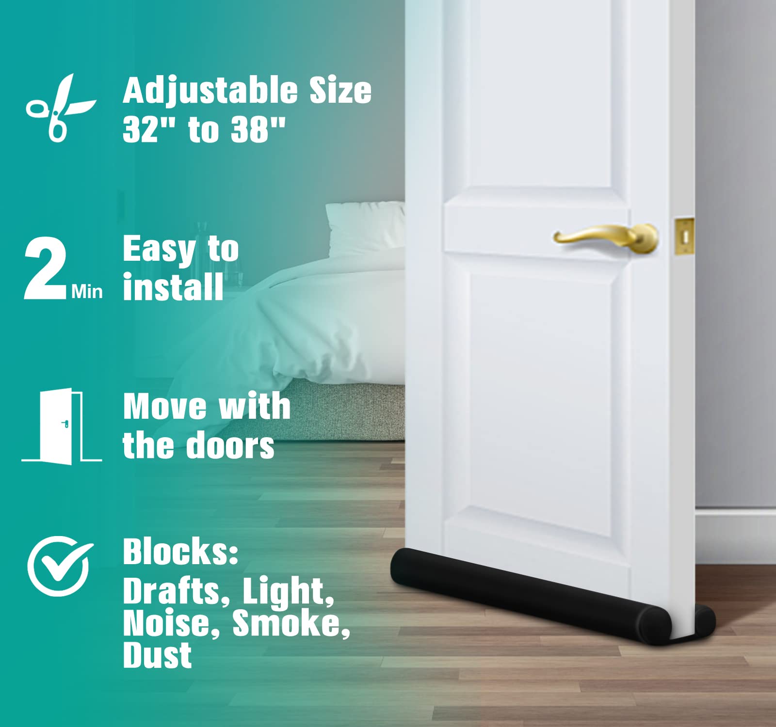 MAXTID Under Door Draft Blocker Black Door Draft Stopper 38" Noise Reducer Breeze Light Cold Air Guard Sound Proof Door Sweep 32" 36" 38" Weather Stripping Door Bottom Seal Insulation Strip Gap Filler
