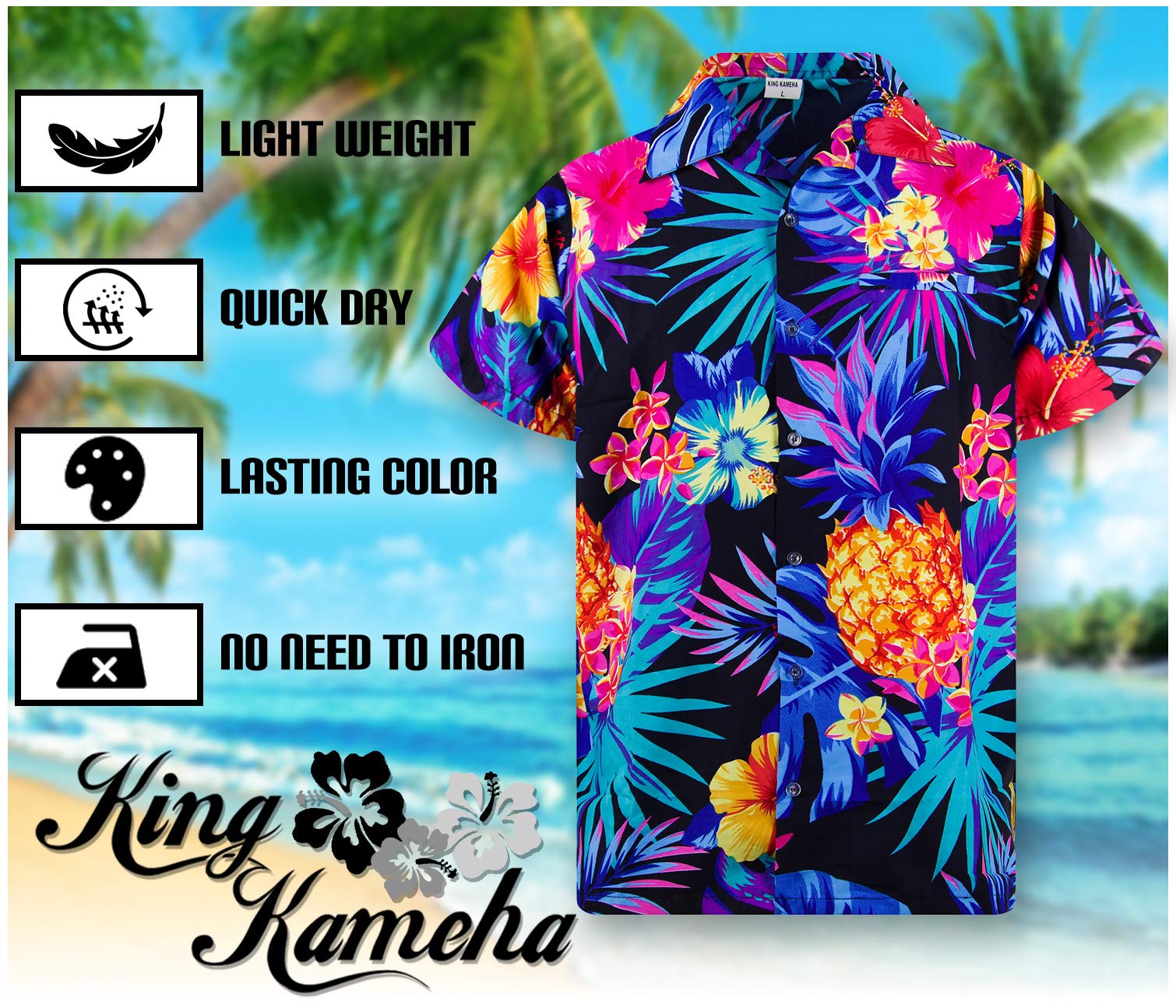 KING KAMEHA Men's Pineapple-Desings Summer-Party-Shirts Short-Sleeve, Pineapple, Black-Blue, XXL