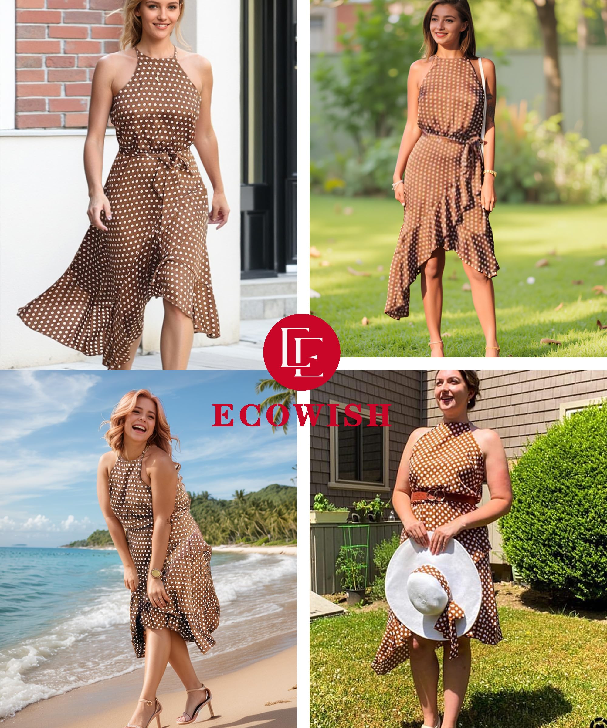 ECOWISH Polka Dot Womens Summer Dress Flowy Cute High Low Sleeveless Boho Criss Cross Halterneck Cocktail Midi Sundress 2025 Coffee Small