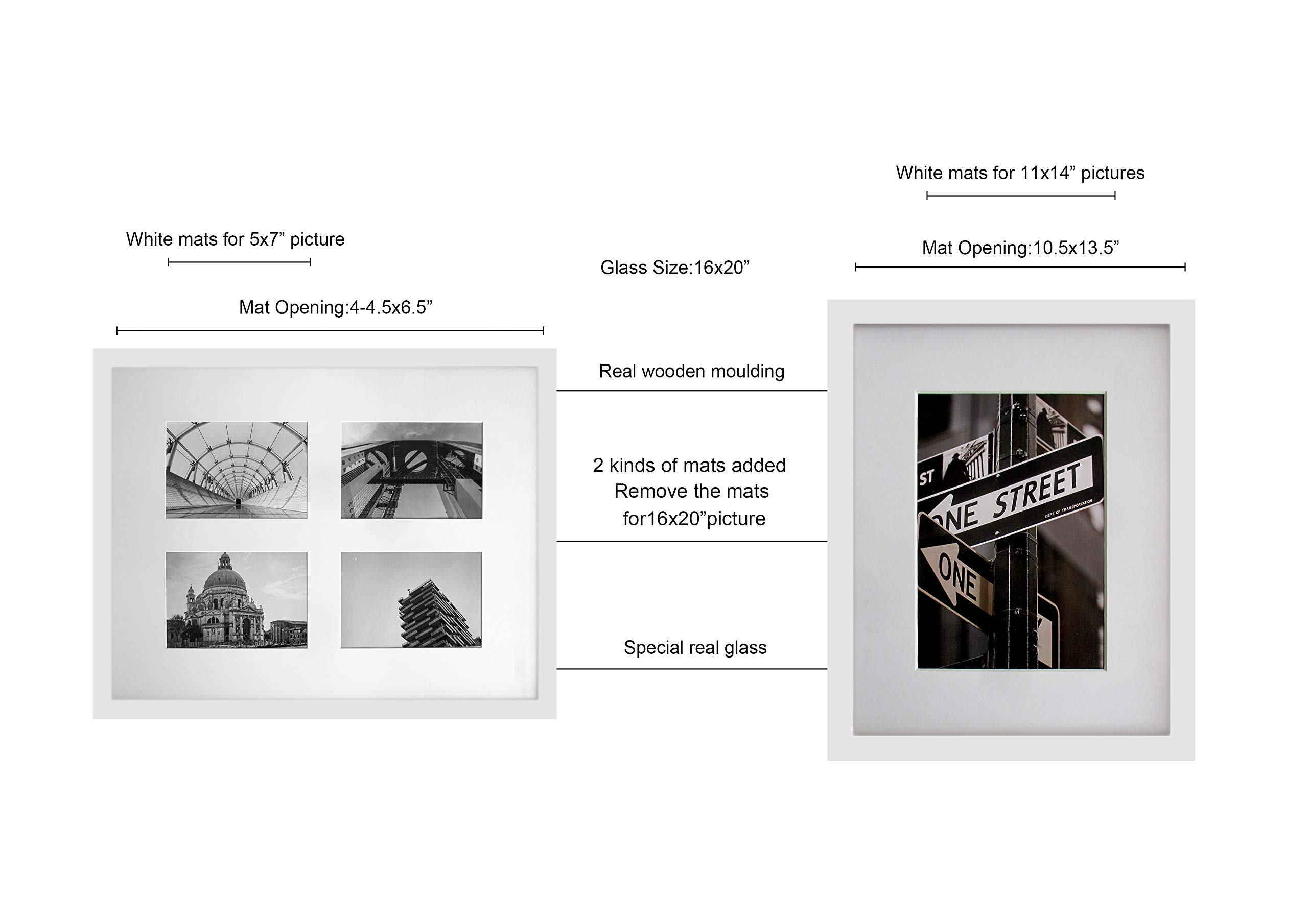 The Display Guys 16x20 White Picture Frame - Solid Pine Wood, Tempered Glass, matted for 11x14 Photo + Collage Mat Board for 4-5x7 Photo