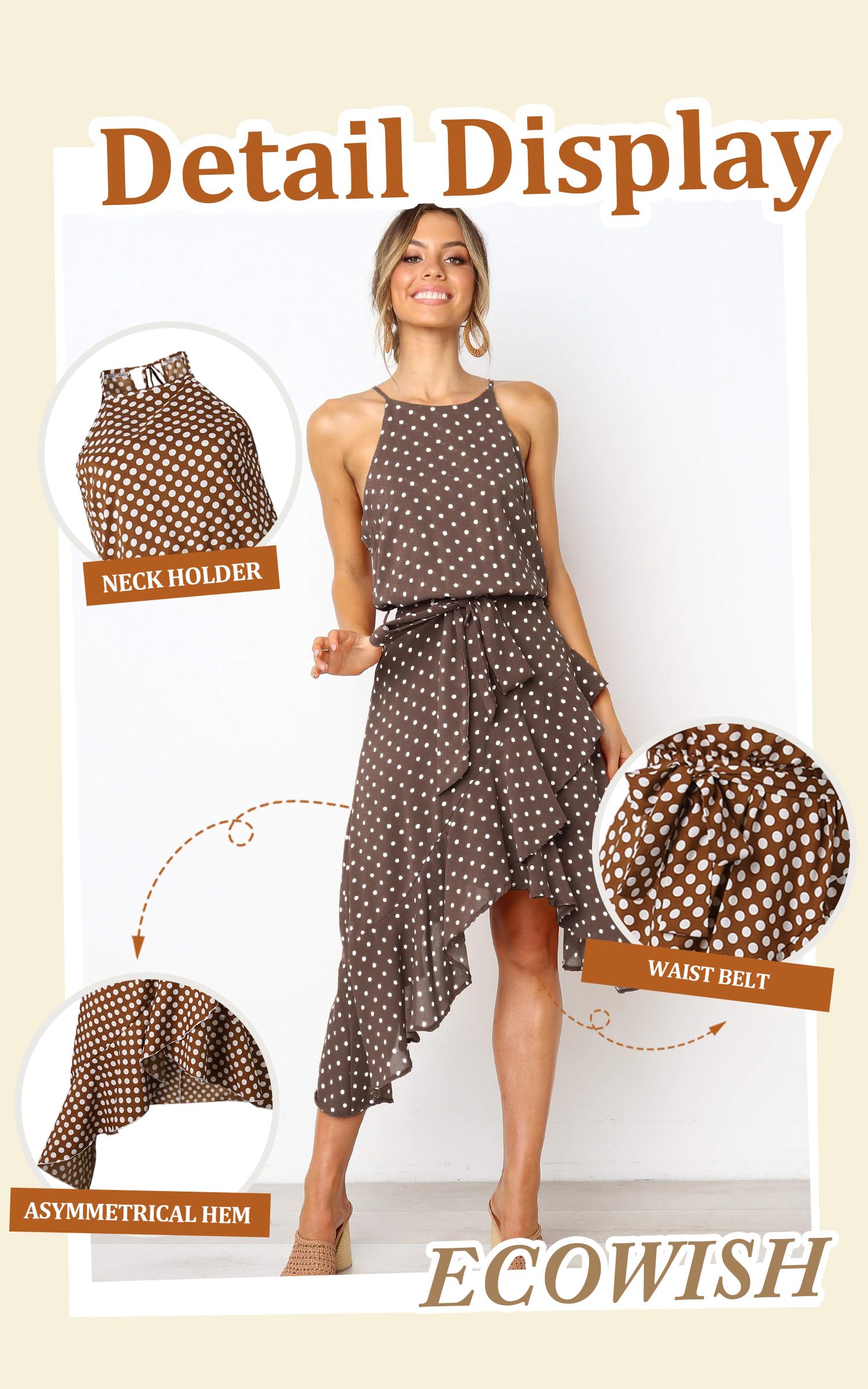 ECOWISH Polka Dot Womens Summer Dress Flowy Cute High Low Sleeveless Boho Criss Cross Halterneck Cocktail Midi Sundress 2025 Coffee Small