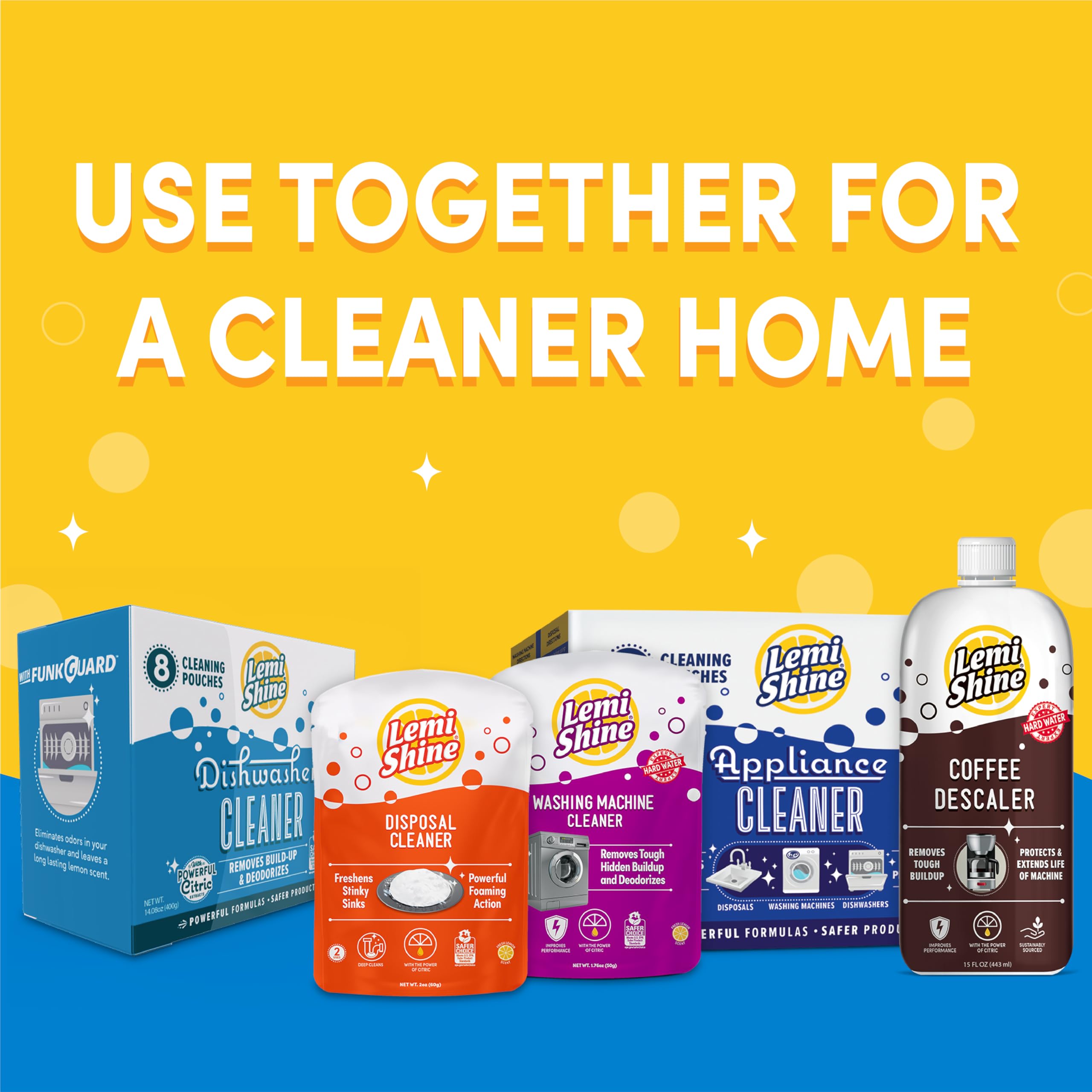 Lemi Shine Natural Dishwasher Cleaner Powered By Citric Acid | 100% Guaranteed Hard Water Cleaning Powder | Eco-Friendly Dishwasher Cleaner and Deodorizer With Fresh Lemon Scent (8 Count)