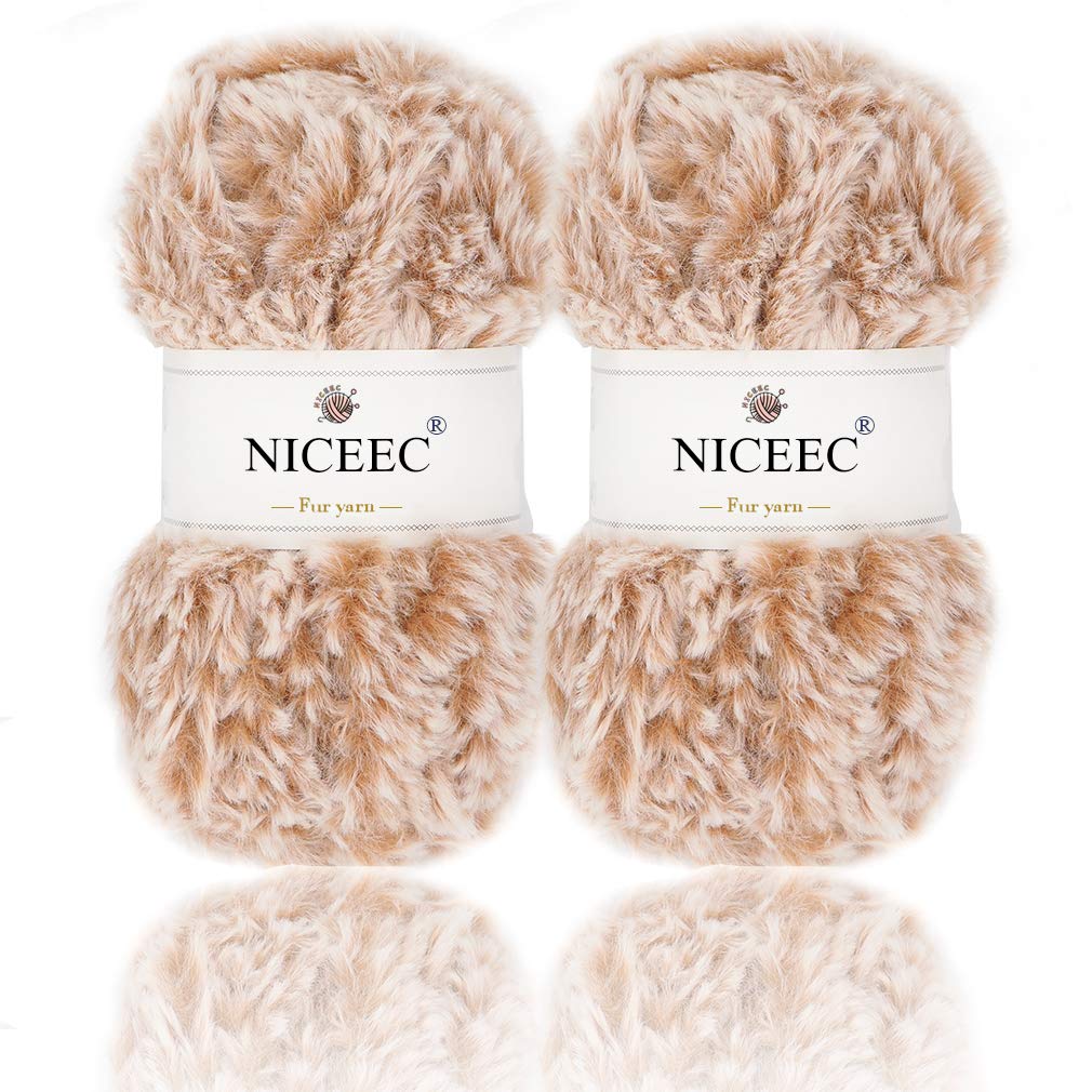 NICEEC 2 Skeins Super Soft Fur Yarn Chunky Fluffy Faux Fur Yarn Eyelash Yarn for Crochet Knit-Total Length 2×32m(2×35yds,50g×2)-Khaki