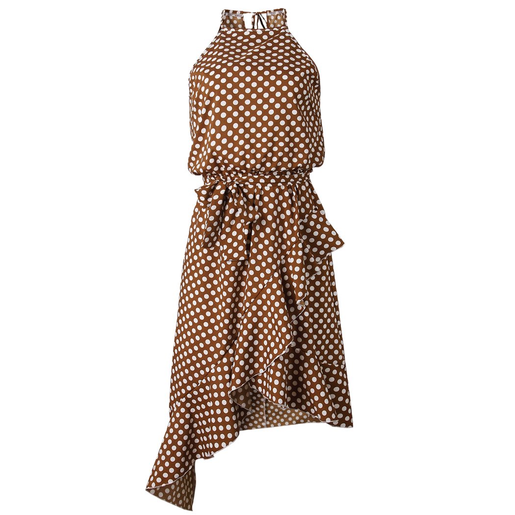 ECOWISH Polka Dot Womens Summer Dress Flowy Cute High Low Sleeveless Boho Criss Cross Halterneck Cocktail Midi Sundress 2025 Coffee Small