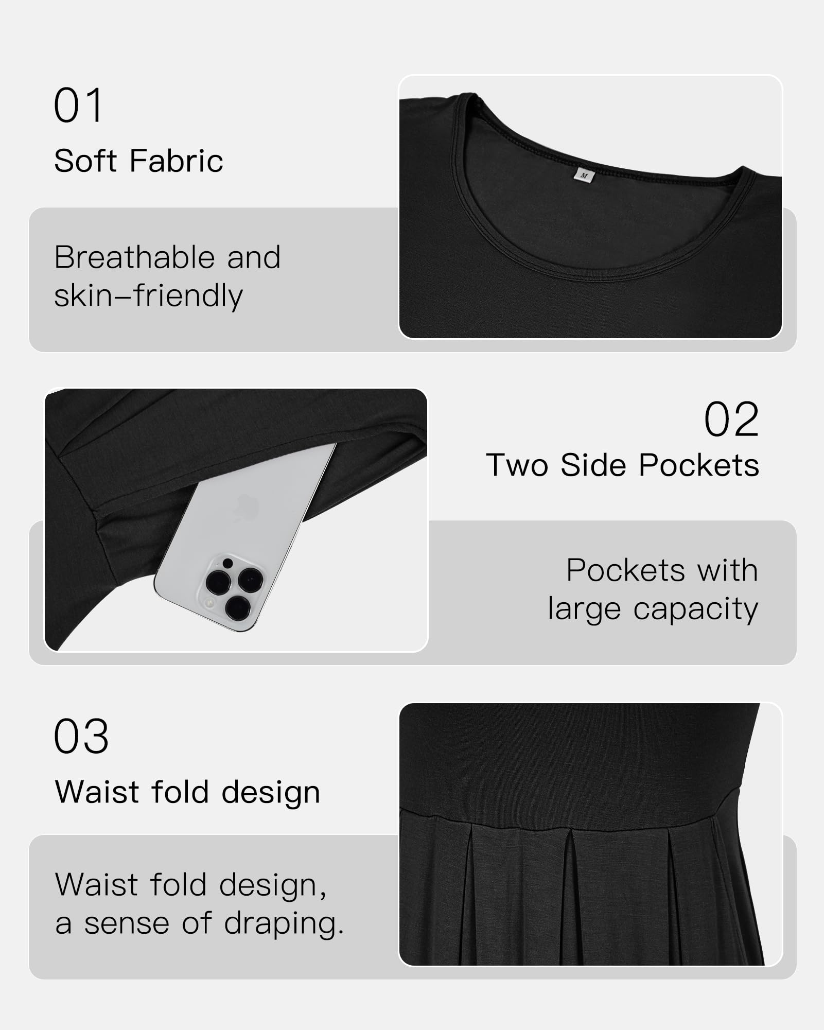 AUSELILY Women's Short Sleeve Summer Dress Pleated Loose Swing Knee Length Dresses with Pockets 2025 New Black L