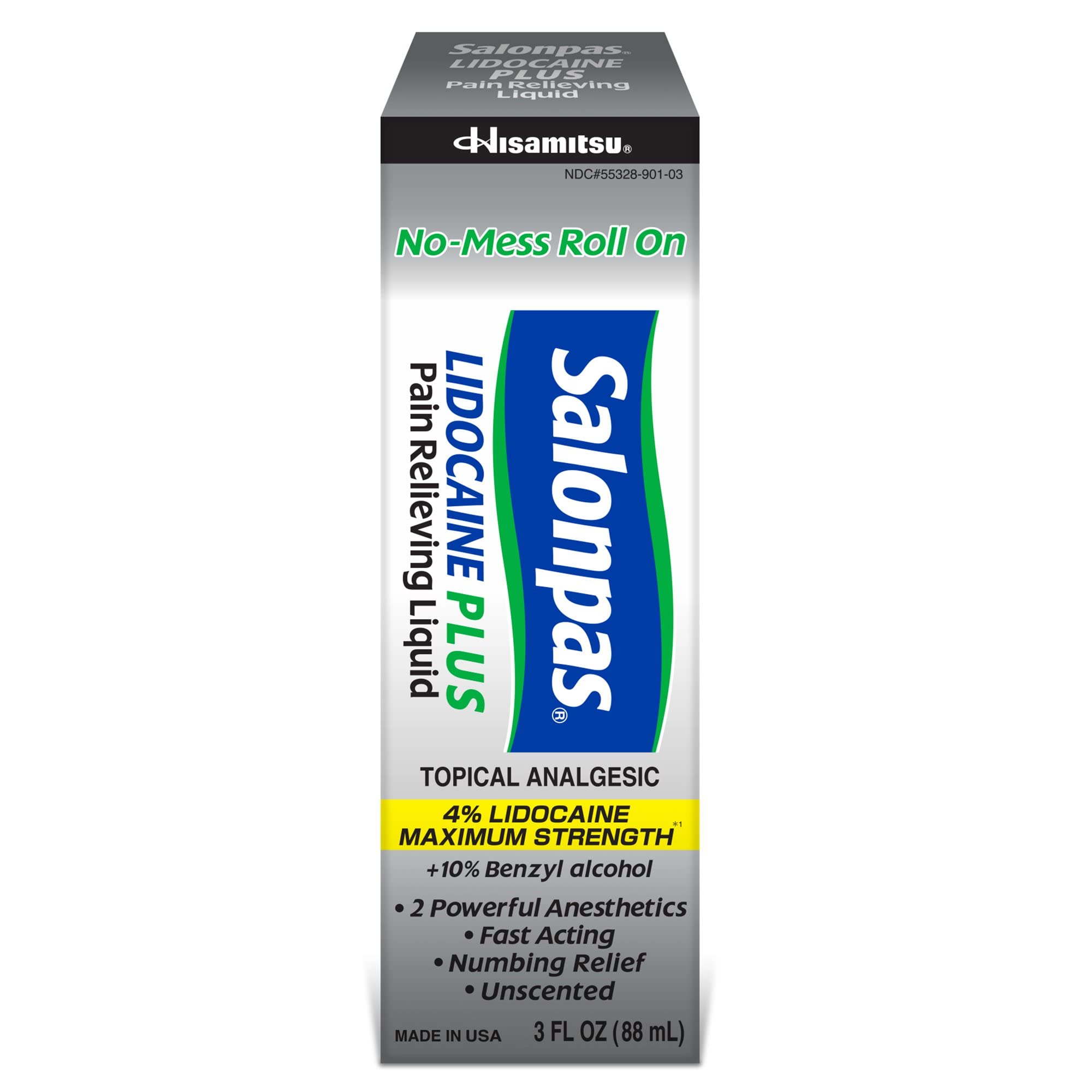 Salonpas LIDOCAINE PLUS 3 oz ROLL ON Pain Relieving Liquid! Maximum Strength 4% Lidocaine for Numbing Pain Relief! MESS FREE Application! (3 PACK)