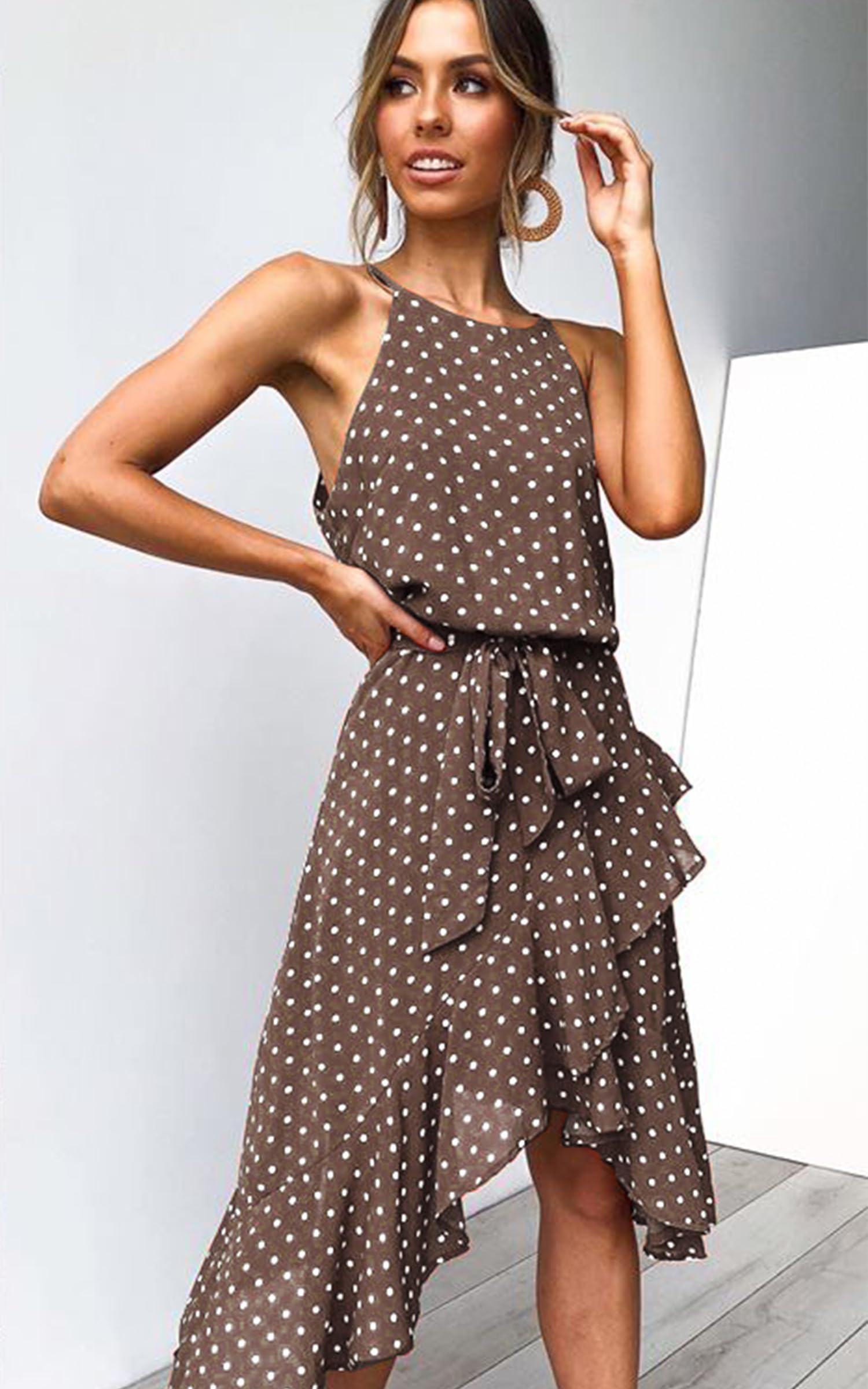 ECOWISH Polka Dot Womens Summer Dress Flowy Cute High Low Sleeveless Boho Criss Cross Halterneck Cocktail Midi Sundress 2025 Coffee Small