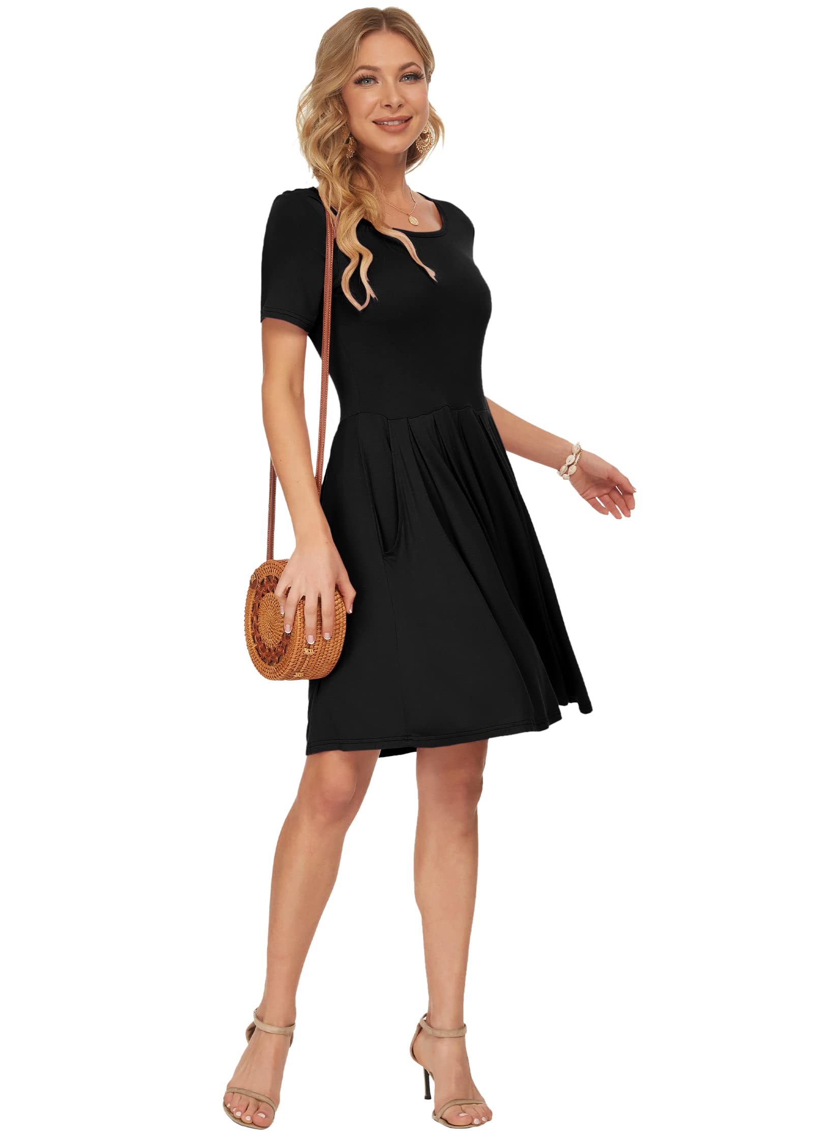 AUSELILY Women's Short Sleeve Summer Dress Pleated Loose Swing Knee Length Dresses with Pockets 2025 New Black L