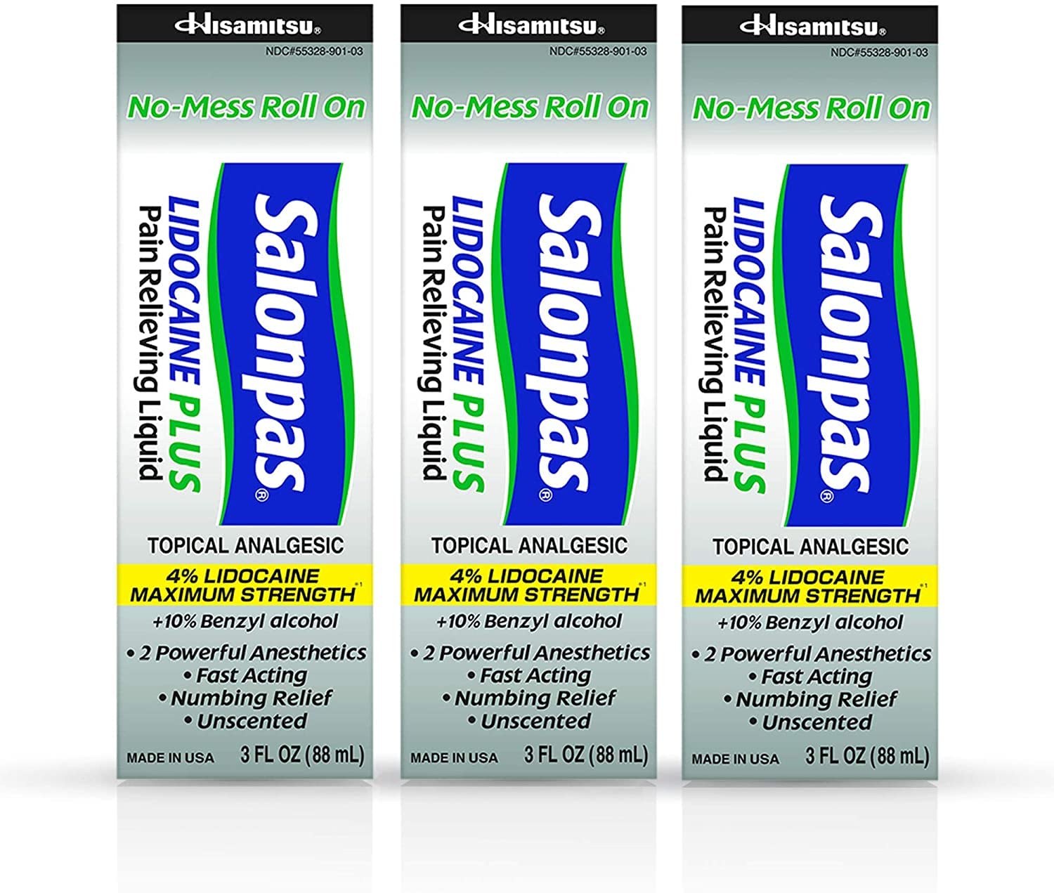 Salonpas LIDOCAINE PLUS 3 oz ROLL ON Pain Relieving Liquid! Maximum Strength 4% Lidocaine for Numbing Pain Relief! MESS FREE Application! (3 PACK)