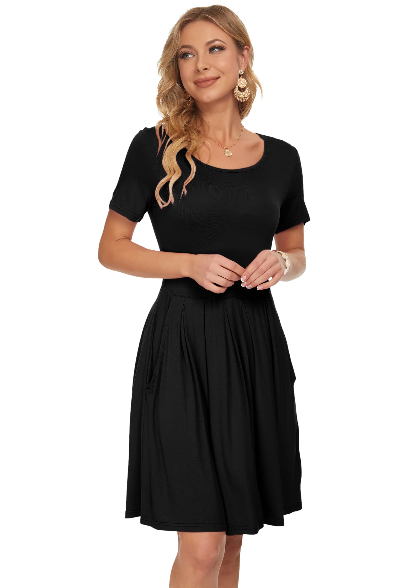 AUSELILY Women's Short Sleeve Summer Dress Pleated Loose Swing Knee Length Dresses with Pockets 2025 New Black L