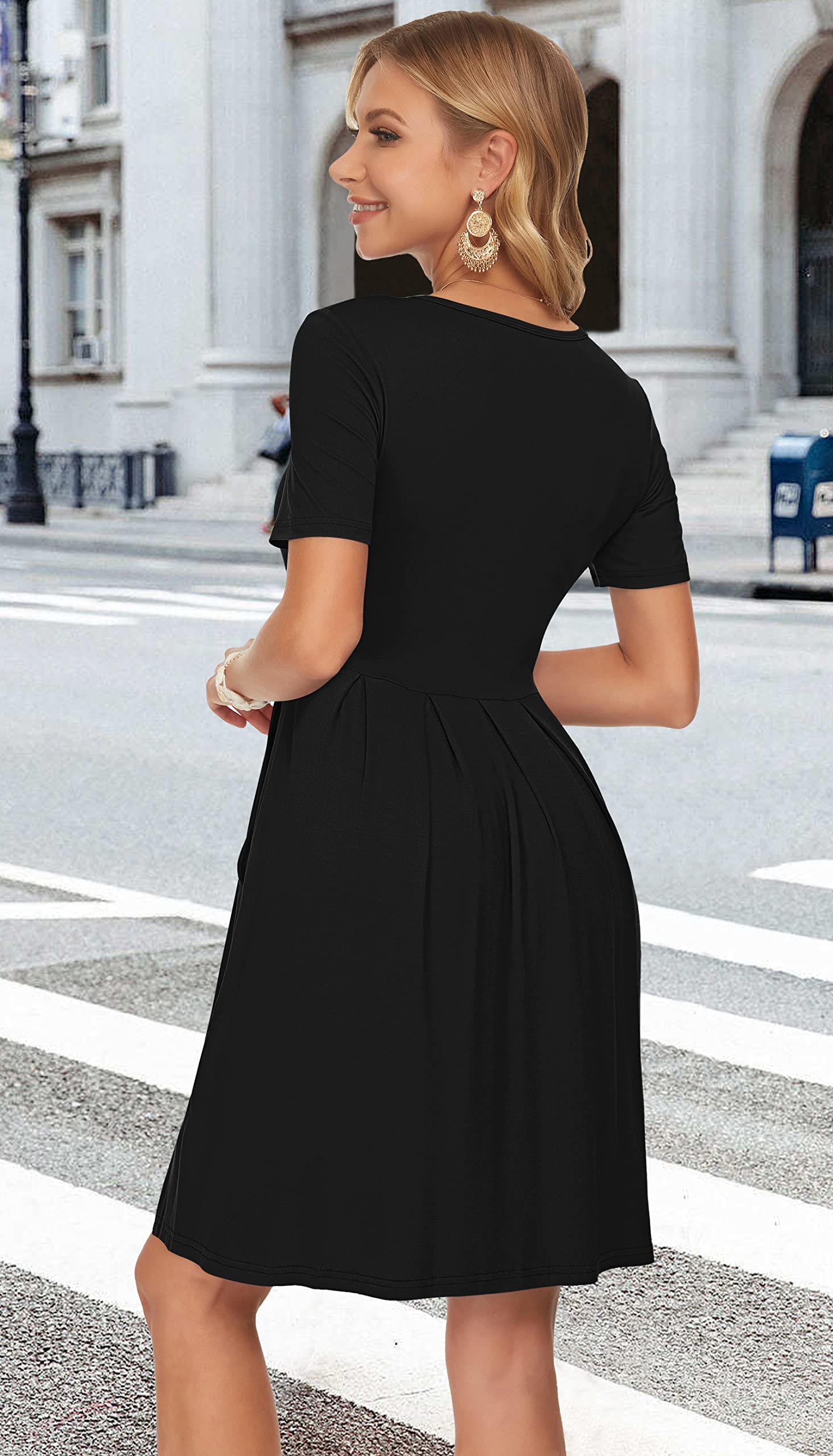 AUSELILY Women's Short Sleeve Summer Dress Pleated Loose Swing Knee Length Dresses with Pockets 2025 New Black L