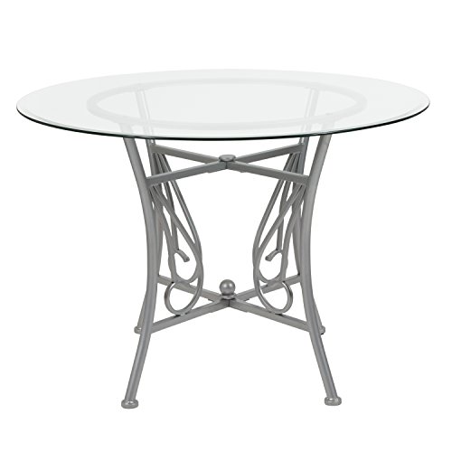 Flash Furniture Princeton Round Glass Dining Table with Metal Frame, 42 in, Silver