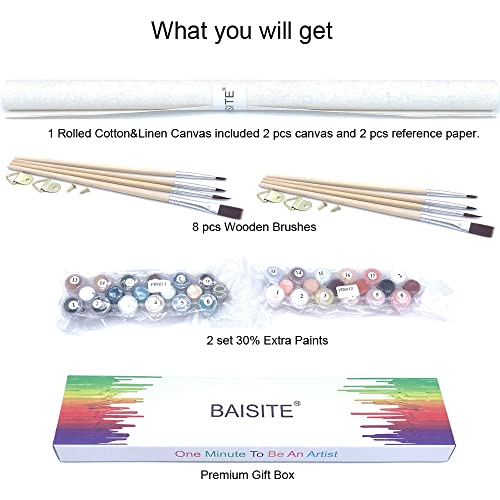 Paint by Numbers for Adults Beginners and Kids,12" Wx16 L BAISITE 2 Pack Canvas Pictures Drawing Paintwork with 8 Pcs Wooden Paintbrushes,Acrylic Pigment-1112