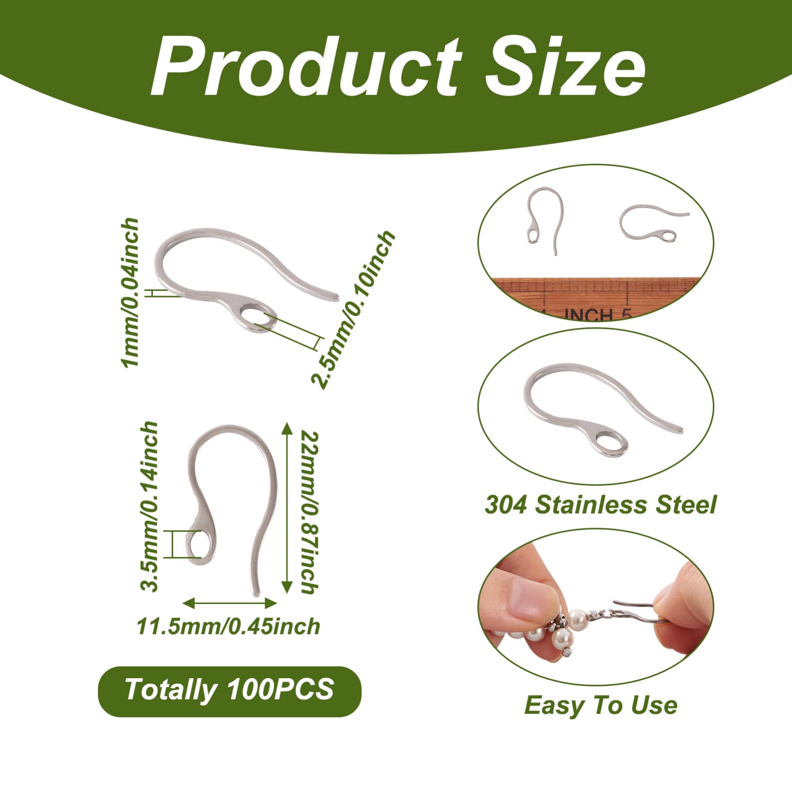 Pandahall 100pcs 304 Stainless Steel Earring Hooks 21.5x11x1mm with Loop Hole Ear Wire Findings for DIY Jewelry Making
