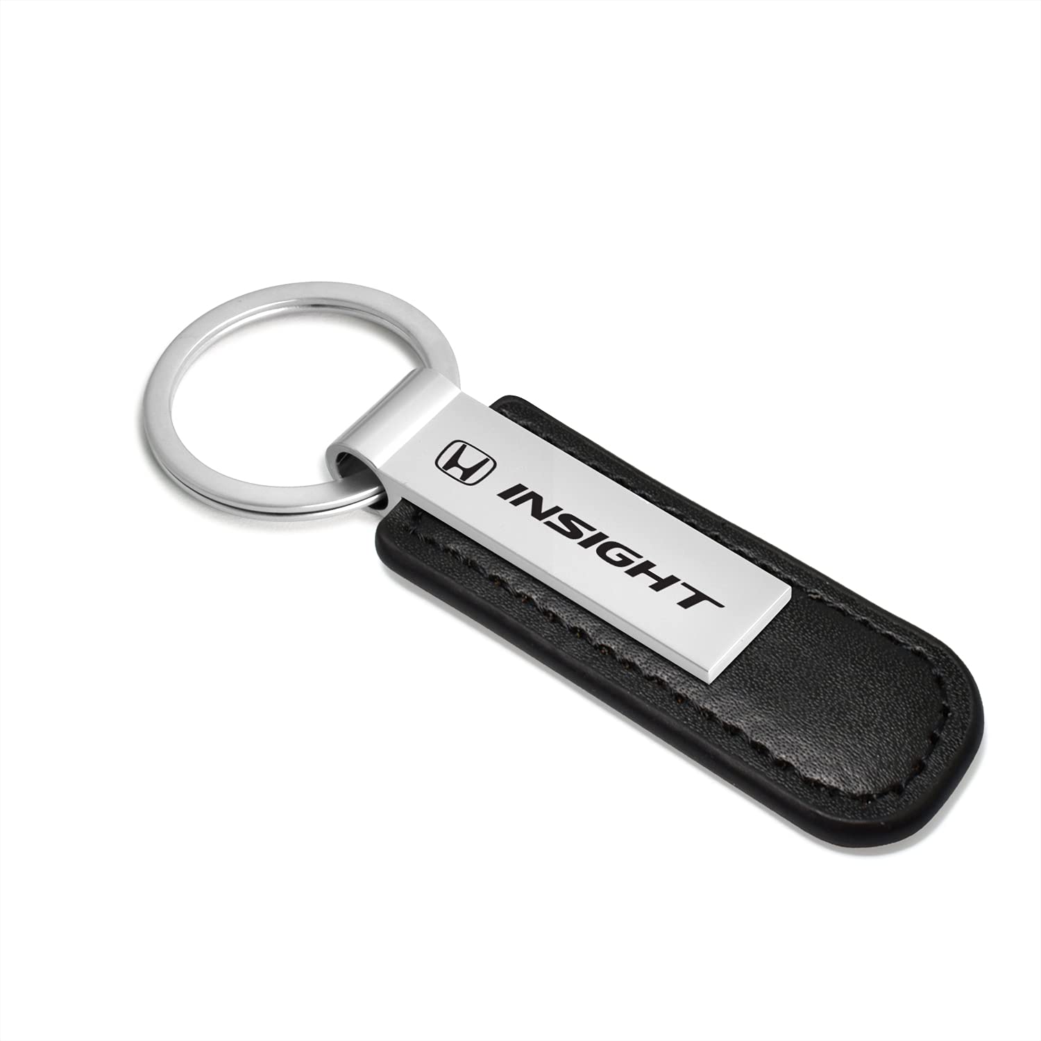 iPick Image for Honda Insight Silver Metal Plate Black PU Leather Strap Key Chain Keychain, Official Licensed