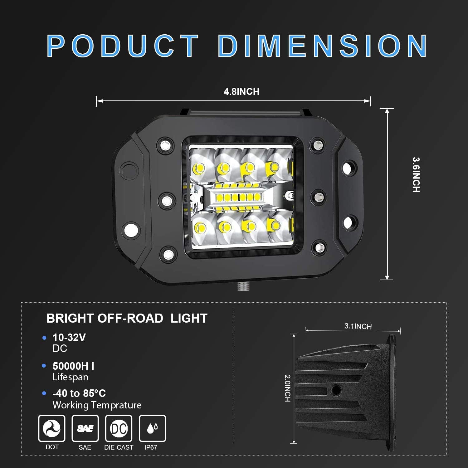 LED Light Bar TURBO SII 4Pcs 3x3 4.5inch LED Lights Cube Pods Flush Mount Spot Beam Offroad Backup Driving Lighting Front Bumper Bullbar Roof Rack for ATV UTV Pickup Jeep Truck Tacoma Chevy Silverado