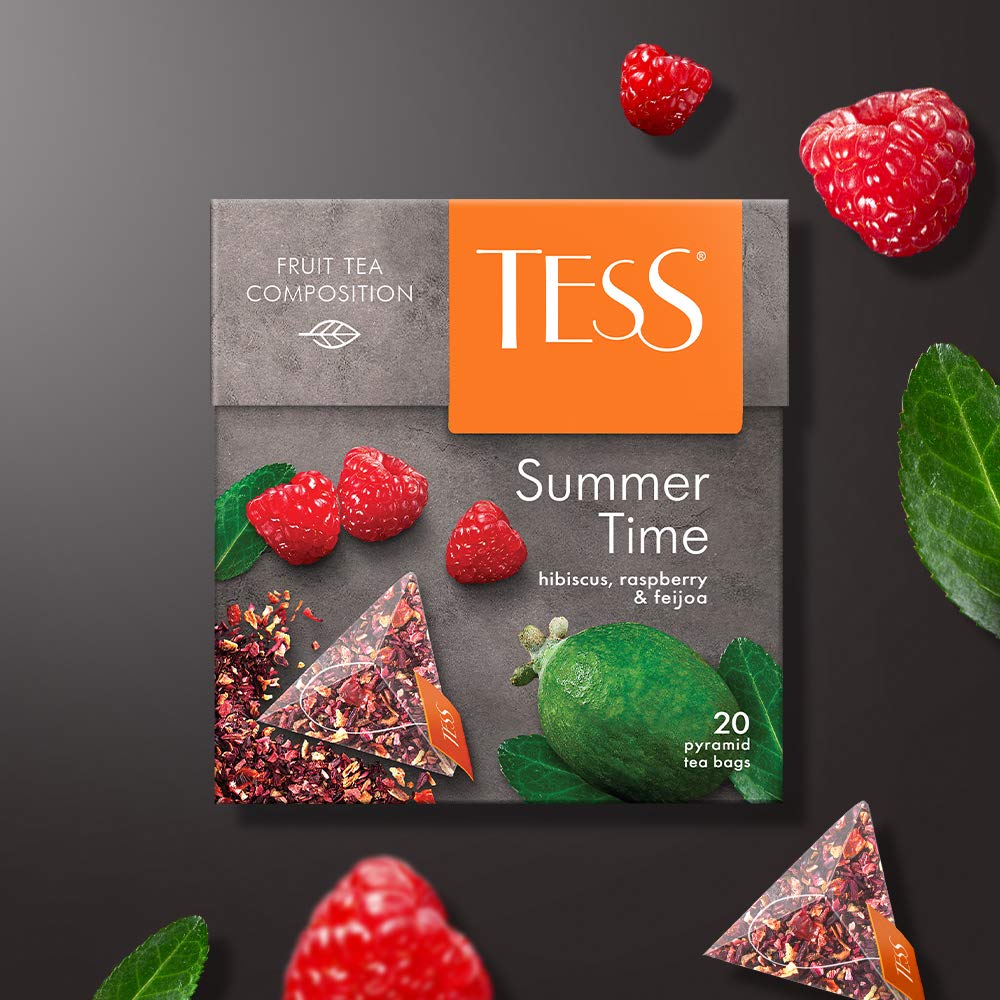 Tess Summer Time Fruit Tea Composition Hibiscus, Raspberry and Feijoa Leaf Tea in 20 Pyramid Sachets