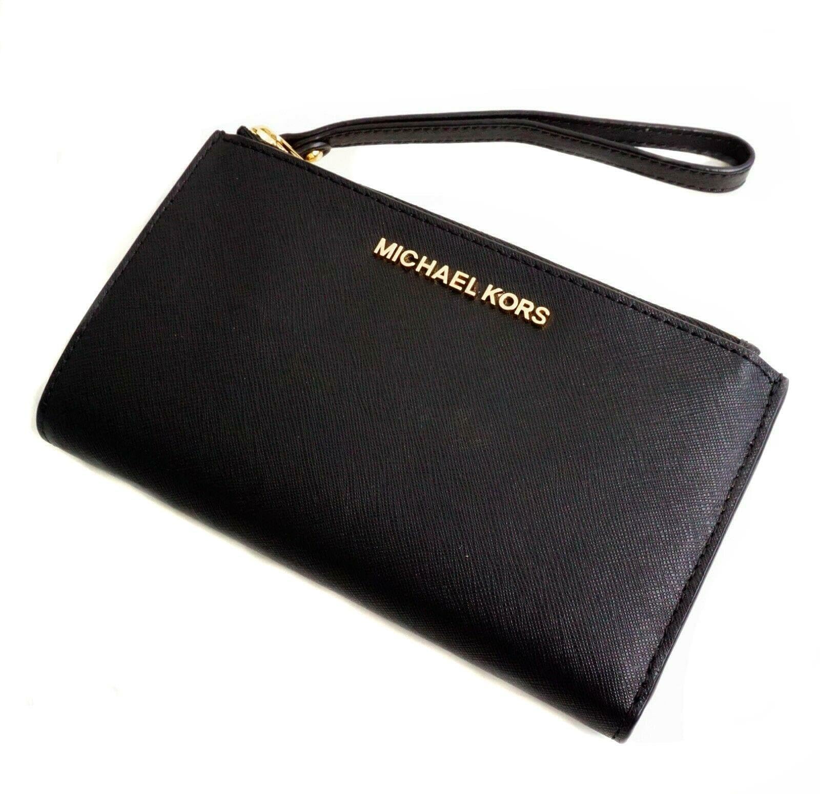 Michael Kors Women's Jet Set Travel Double Zip Wristlet, Black Saffiano, One Size