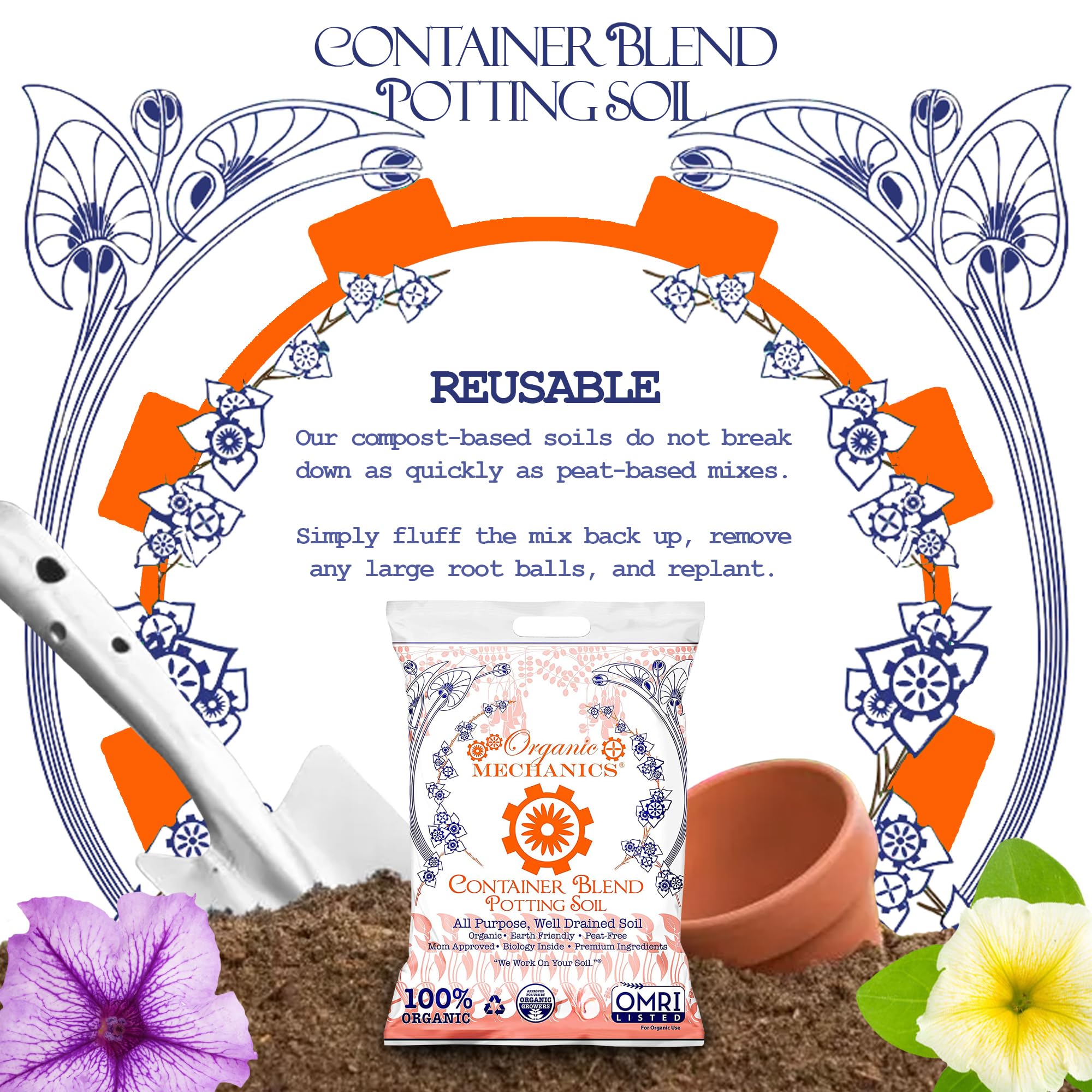 Organic Mechanics Container Blend Potting Soil, 16 Quarts – with Compost, Aged Pine Bark, Coir, Rice Hulls, and Worm Castings for Growing Annuals & Outdoor Containers - Peat-Free & Eco-Friendly