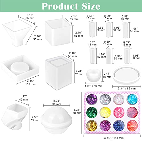 Silicone Resin Molds Kit 26PCS, Epoxy Resin Molds, Large Resin Casting Molds with 12 Glitter Sequins for UV Resin Casting, Including Sphere, Cube, Pyramid, Square, Coaster, Stone & Pendants