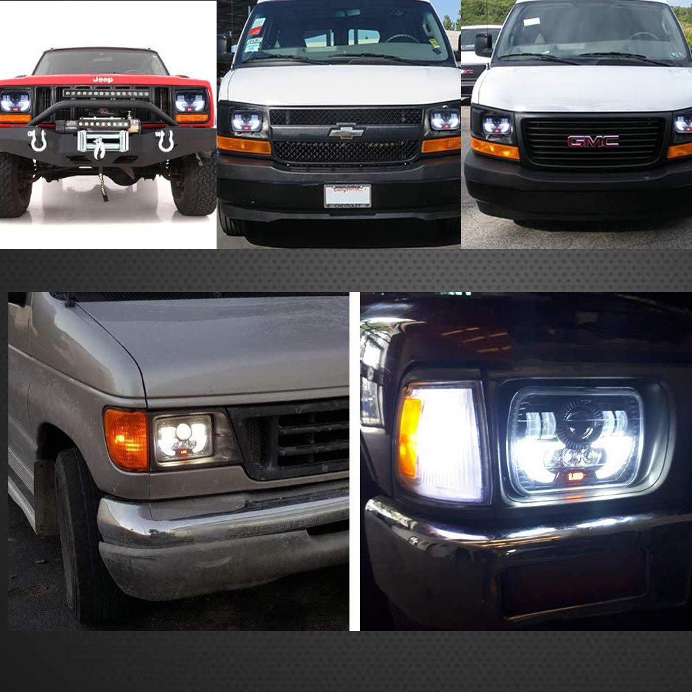 AMUNIESUN 120W Rectangle 7x6 5x7 Inch Headlights 6052 6054 H5054 H6054 Headlight DRL Hi/Low Sealed Beam H4 Plug Compatible With GMC Ford Chevy Chevrolet Cargo Van Express Nissan