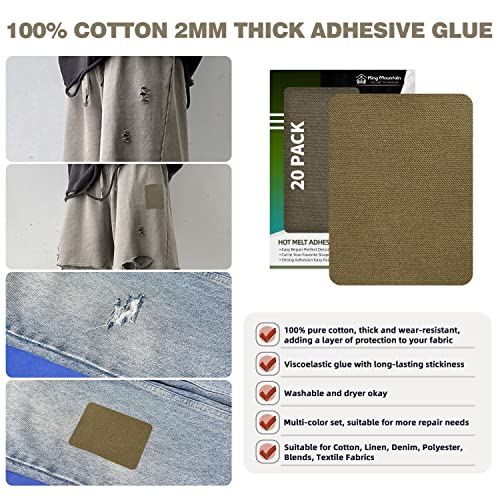 KING MOUNTAIN 20 PCS Cotton Fabric Clothes Pants Iron-on Patches,Super Glue,Inside&Outside Repair Decoration DIY Cotton Clothes Patches Kit, 3" x 4-1/4" (7.5 cm x 10.5 cm)