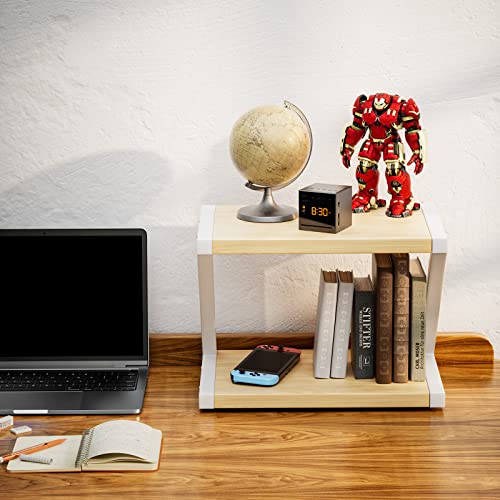 HUANUO Printer Stand, Desktop Stand for Printer, Printer Stand with Storage, Desktop Shelf with Anti-Skid Pads, Printer Table Organizer, Printer Shelf w/ 2 Tier Tray & Hardware & Steel (Light Wood)